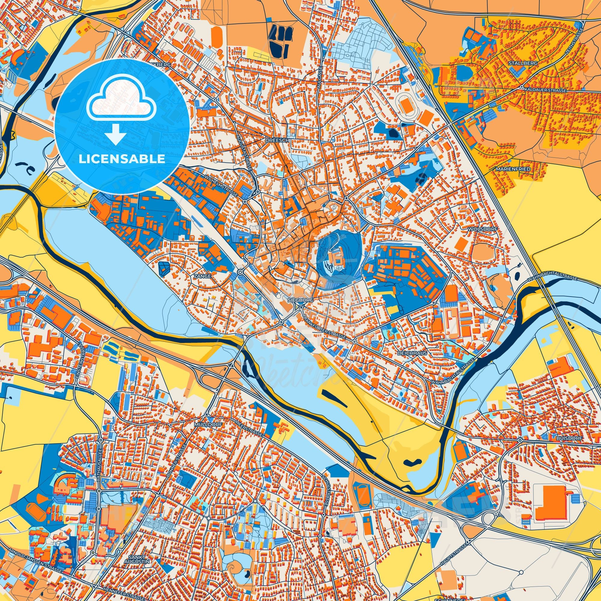 Colorful Siegburg Street Map With Labels And Buildings – HEBSTREITS