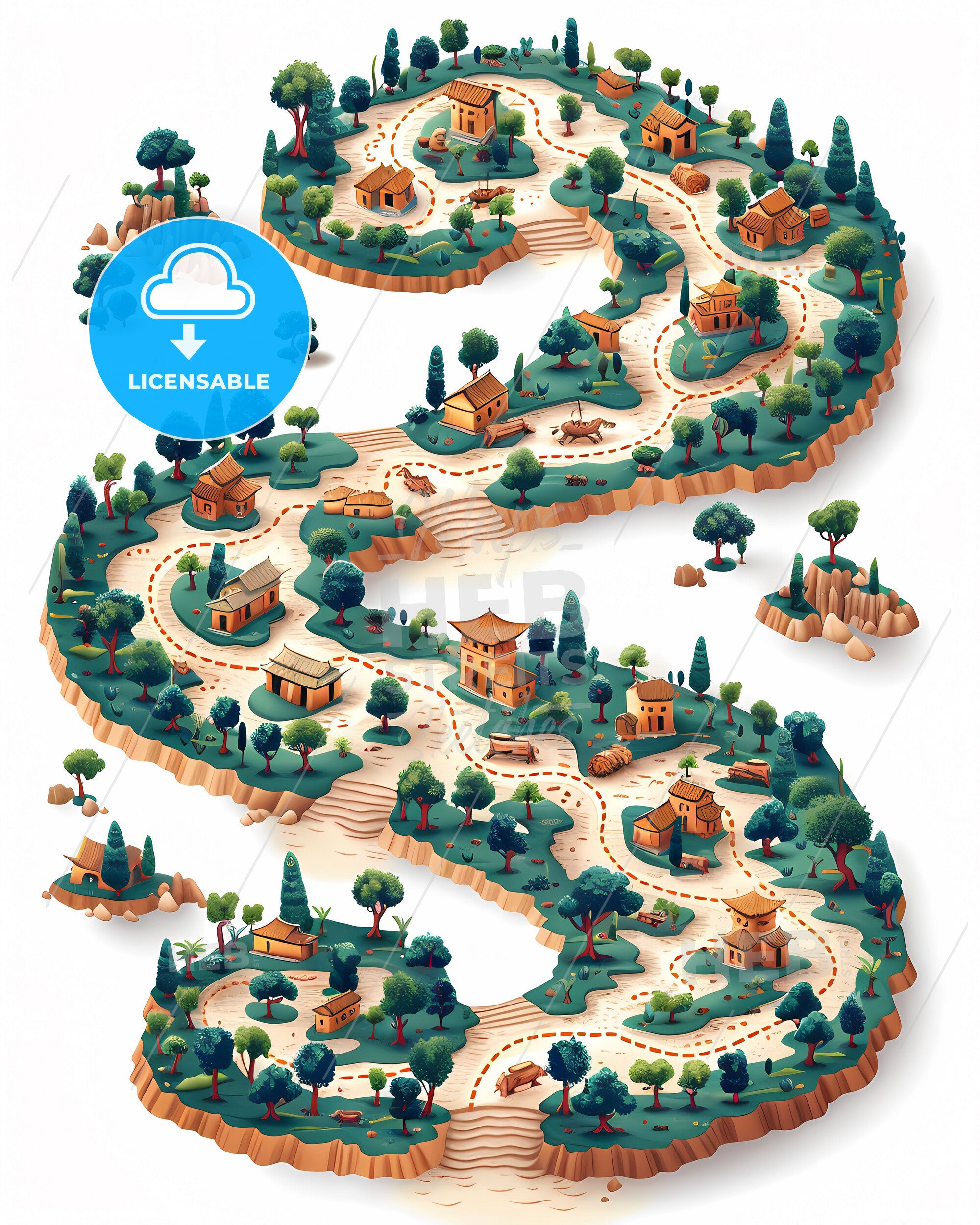 Silk Road Visualized: Detailed Watercolor Village Map Flowchart ...