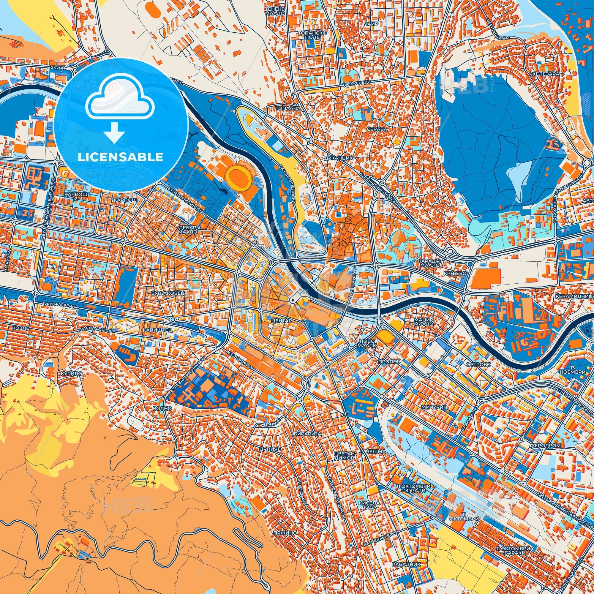 Colorful Skopje Street Map With Labels And Buildings – HEBSTREITS