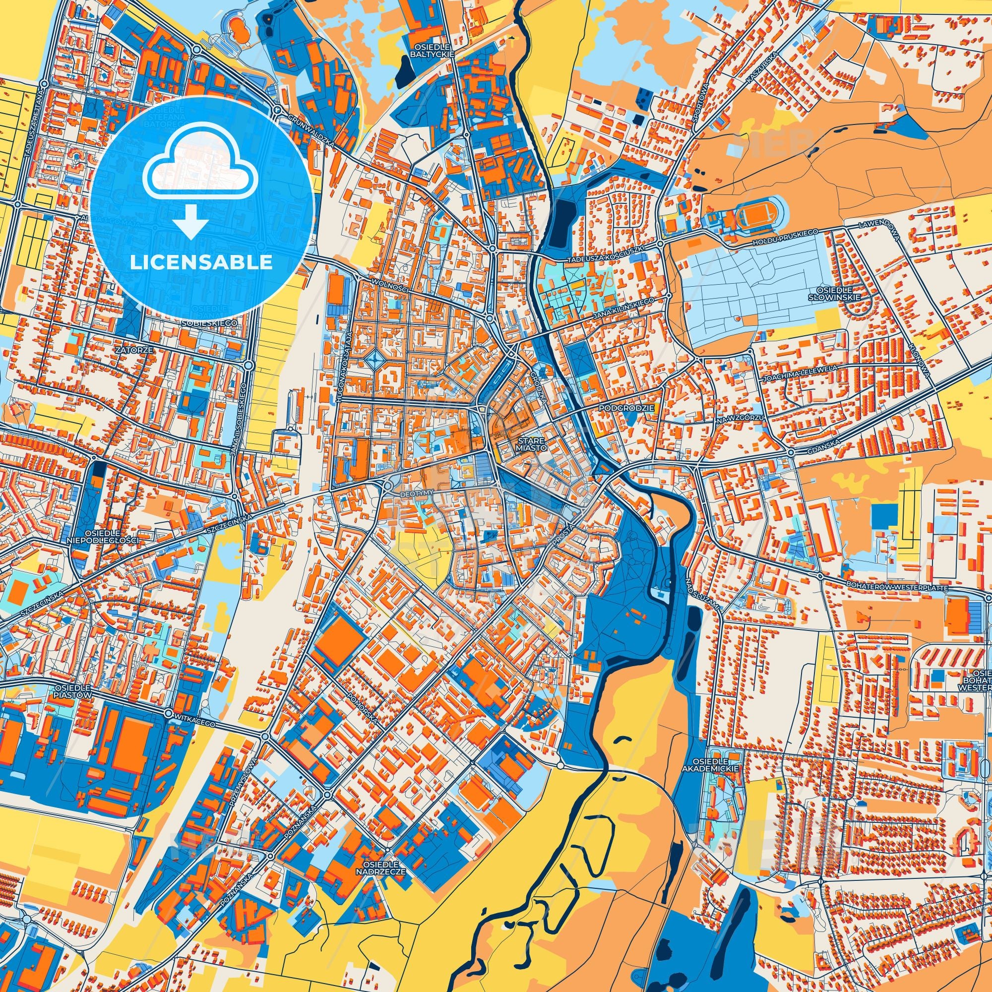 Colorful Słupsk Street Map With Labels And Buildings – HEBSTREITS