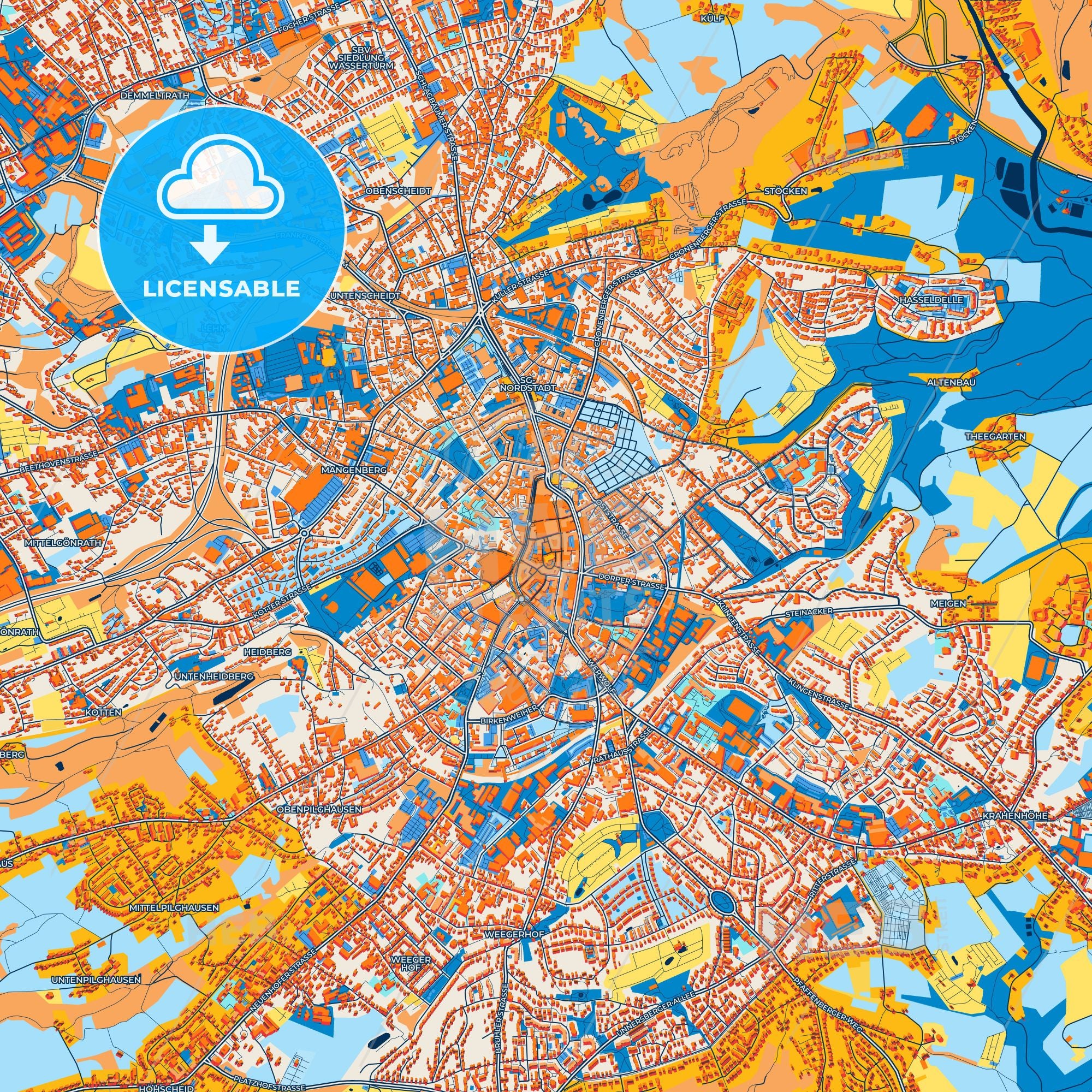 Colorful Solingen Street Map With Labels And Buildings – HEBSTREITS