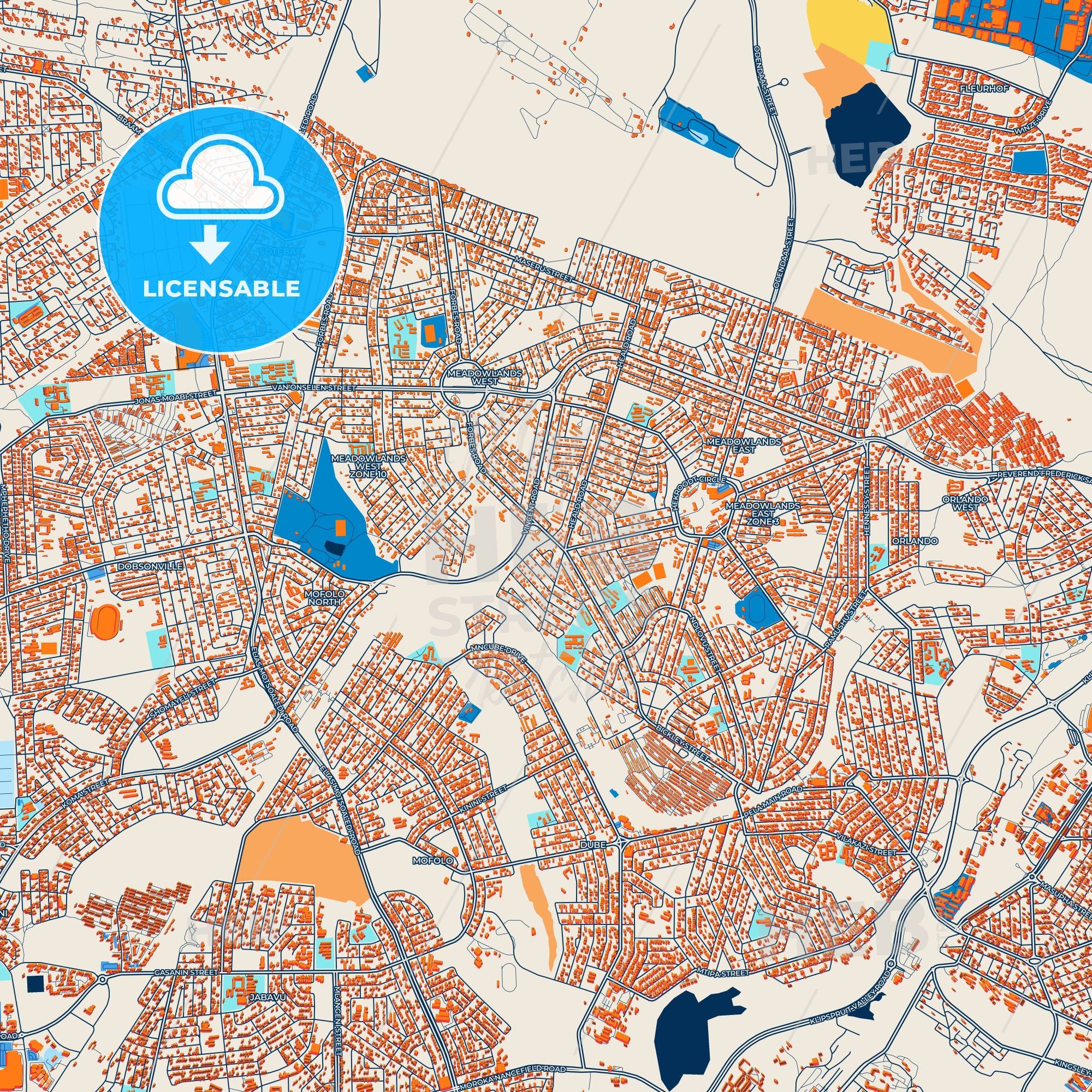 Colorful Soweto Street Map With Labels And Buildings – HEBSTREITS