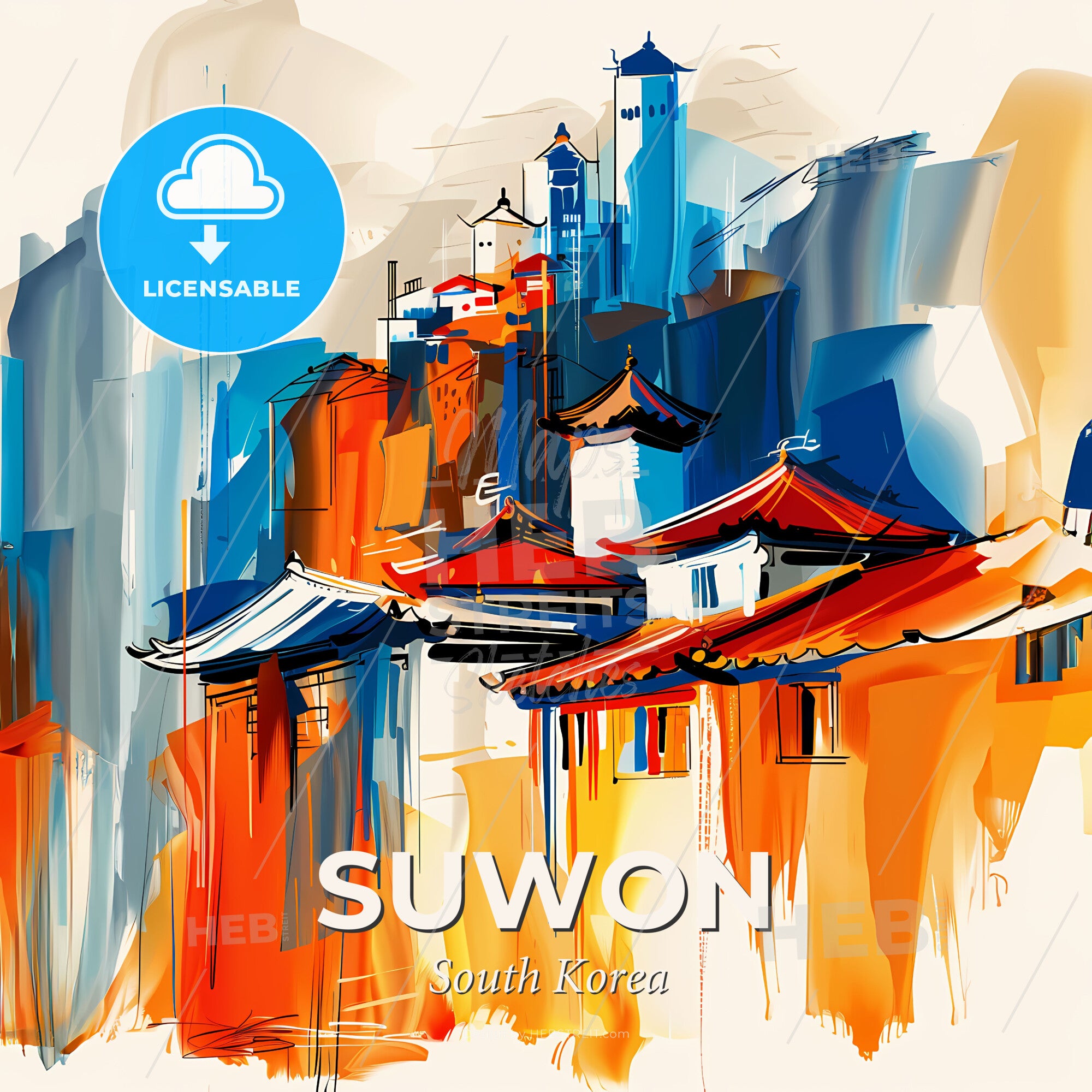 Vibrant Suwon, South Korea - A Painting Of Buildings And Towers ...