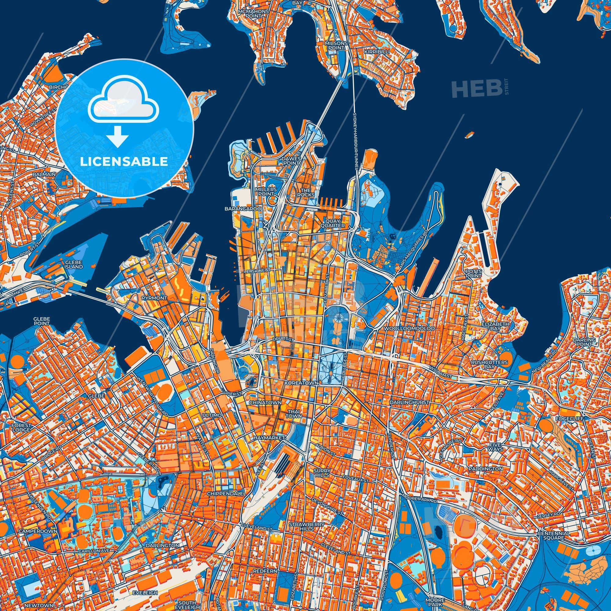 Colorful Sydney Street Map With Labels And Buildings – HEBSTREITS