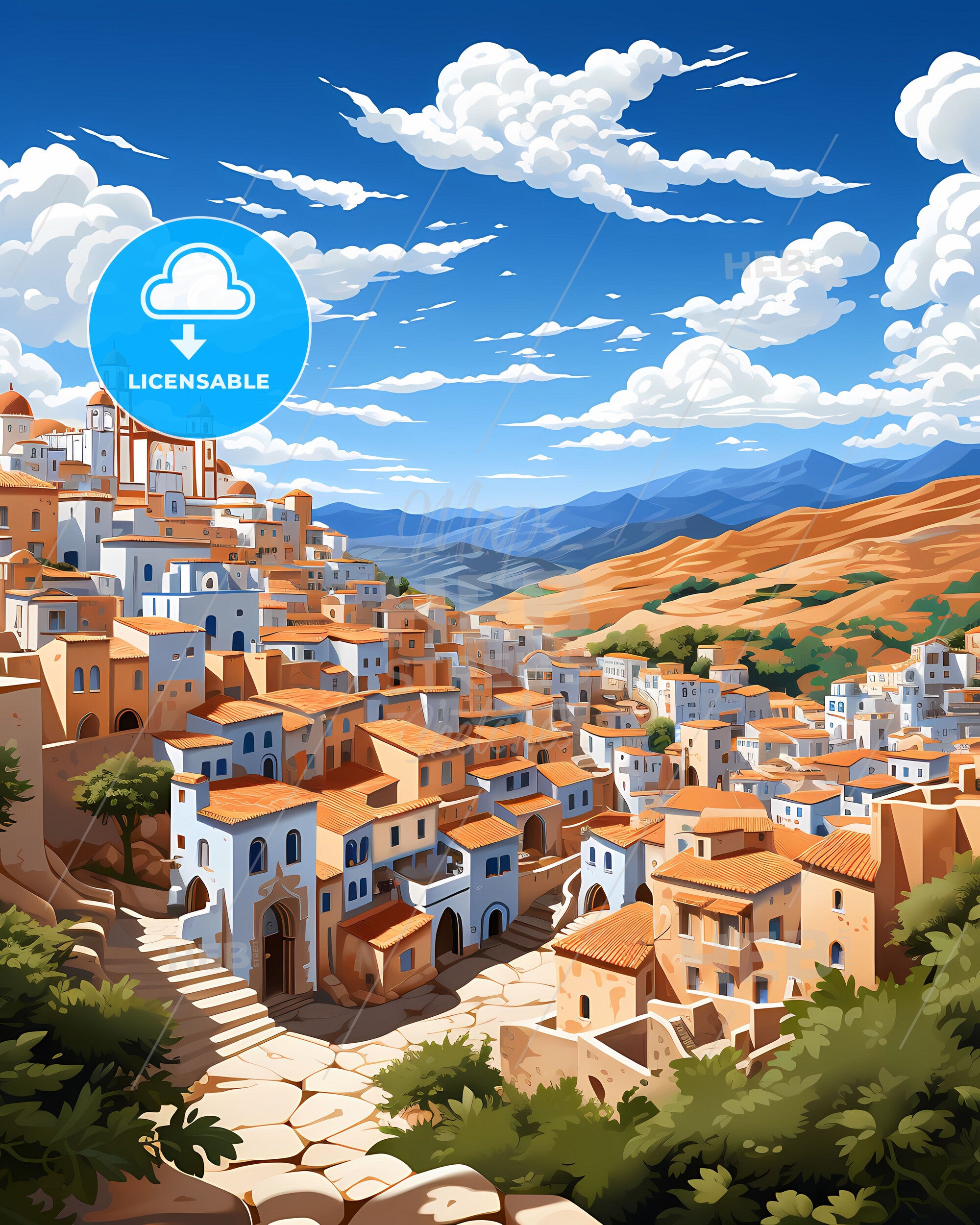 Vibrant Cartoon Art Painting Cityscape Tabuk Saudi Arabia Skyline ...