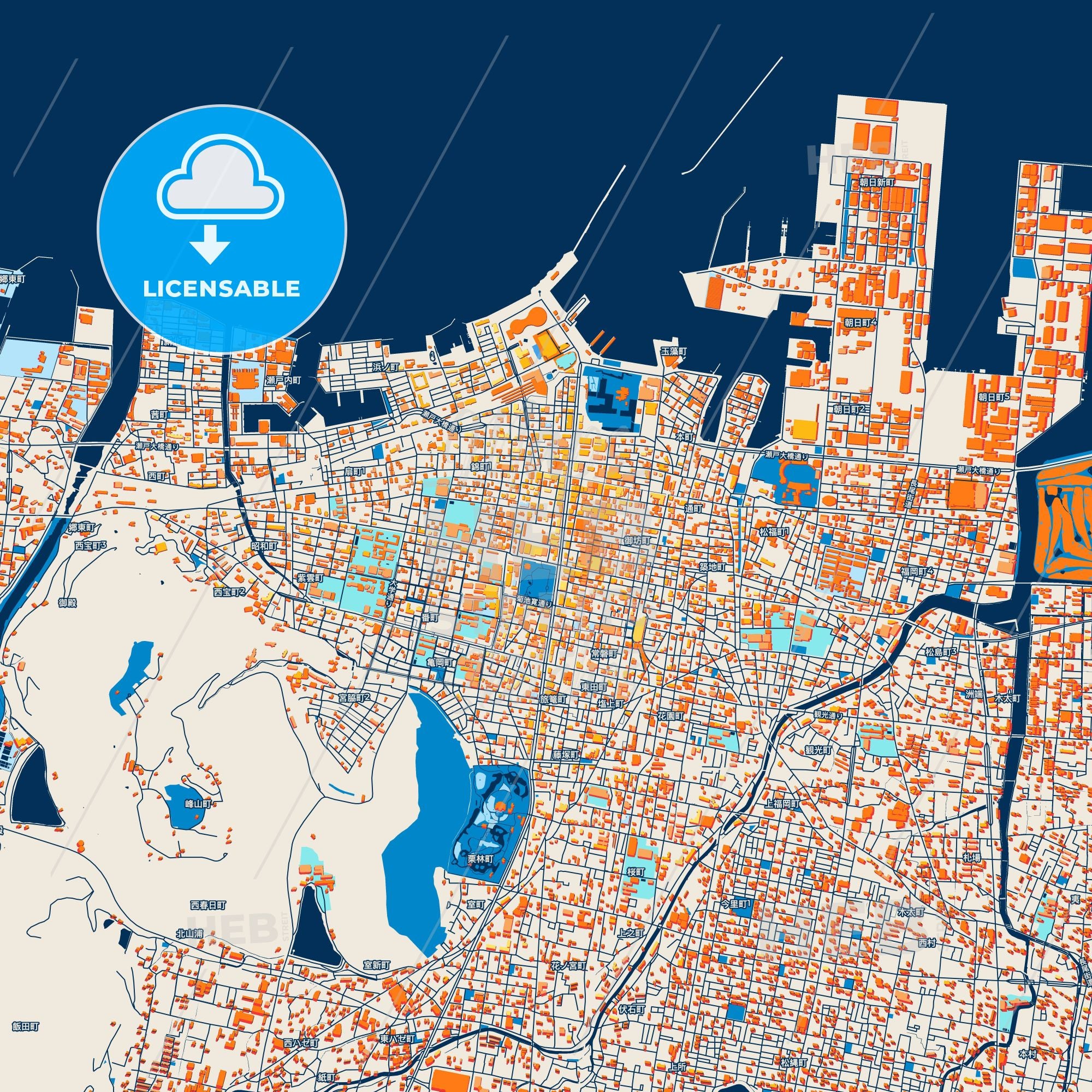 Colorful Takamatsu Street Map With Labels And Buildings – HEBSTREITS
