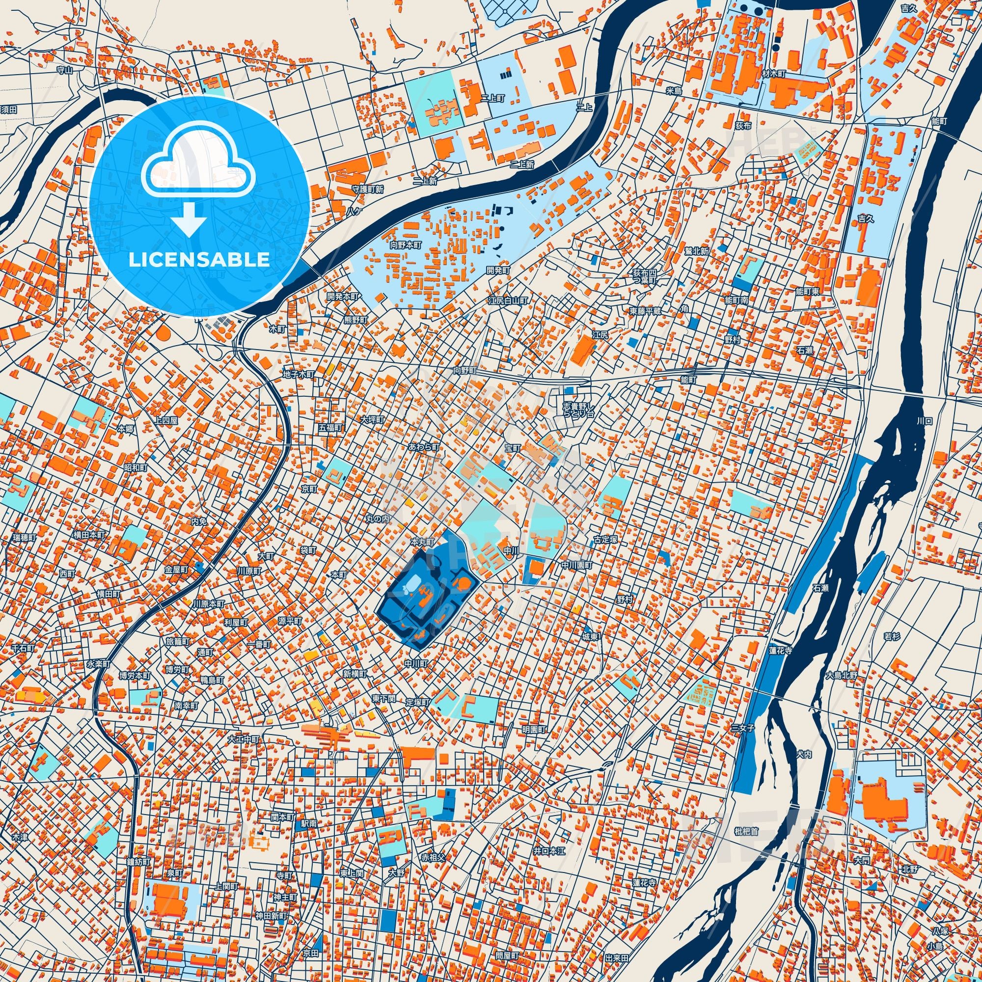 Colorful Takaoka Street Map With Labels And Buildings – HEBSTREITS