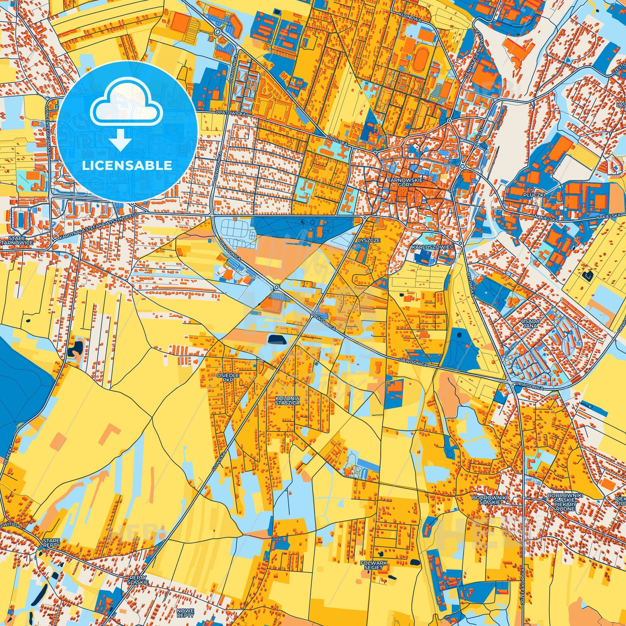 Colorful Tarnowskie Góry Street Map With Labels And Buildings – HEBSTREITS