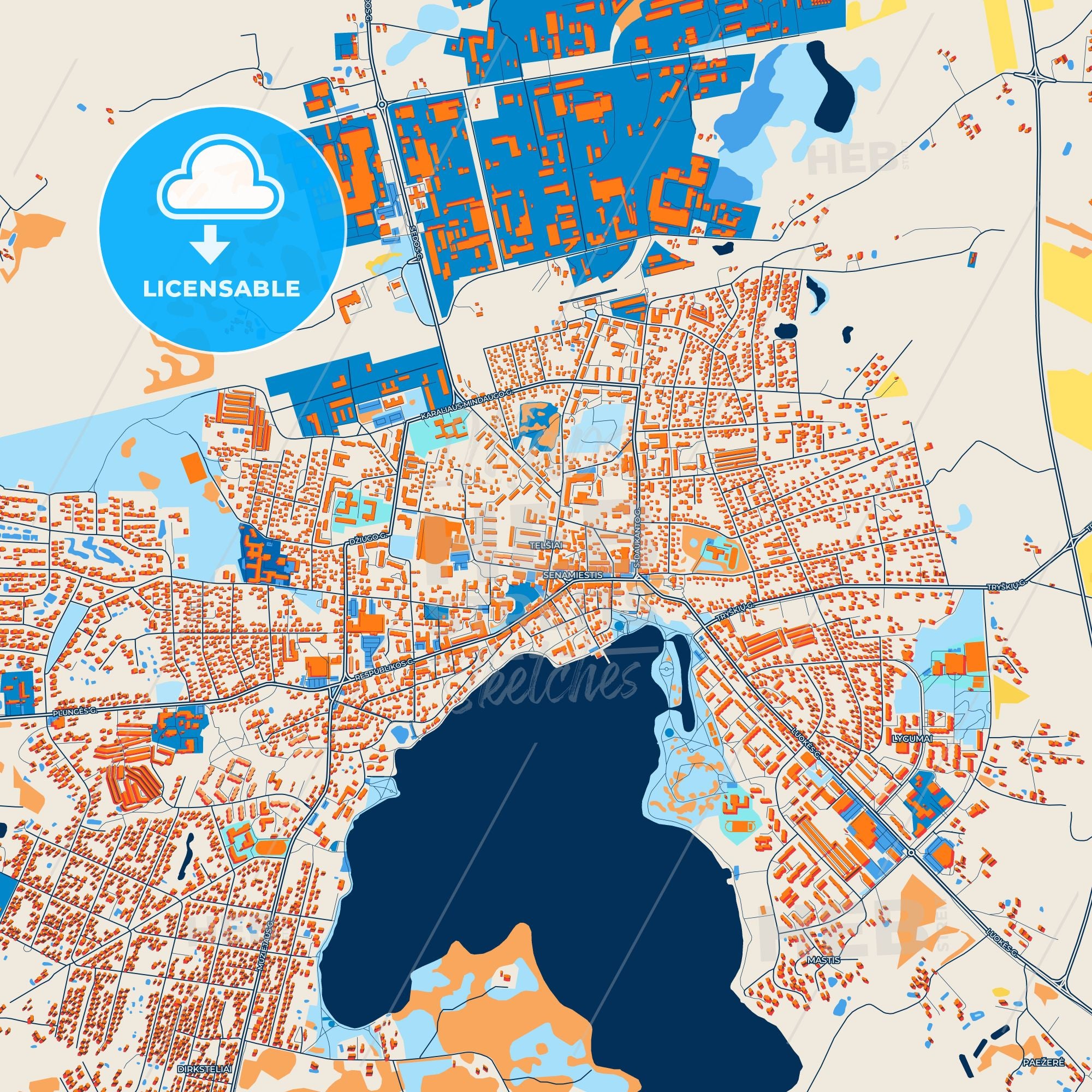 Colorful Telšiai Street Map With Labels And Buildings – HEBSTREITS