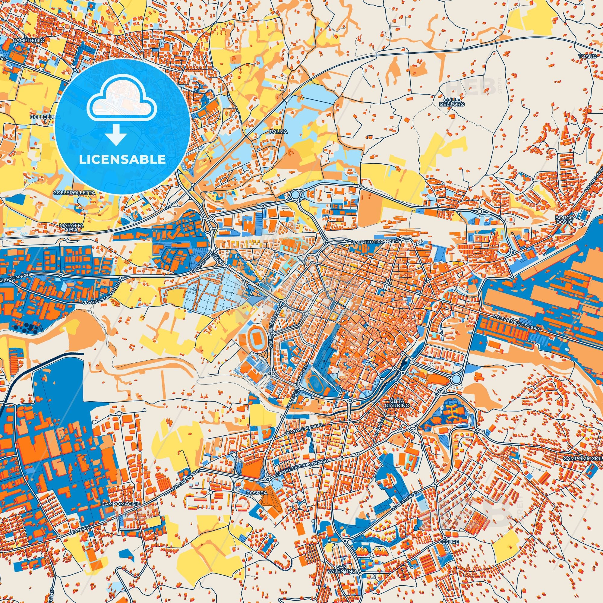 Colorful Terni Street Map With Labels And Buildings – HEBSTREITS