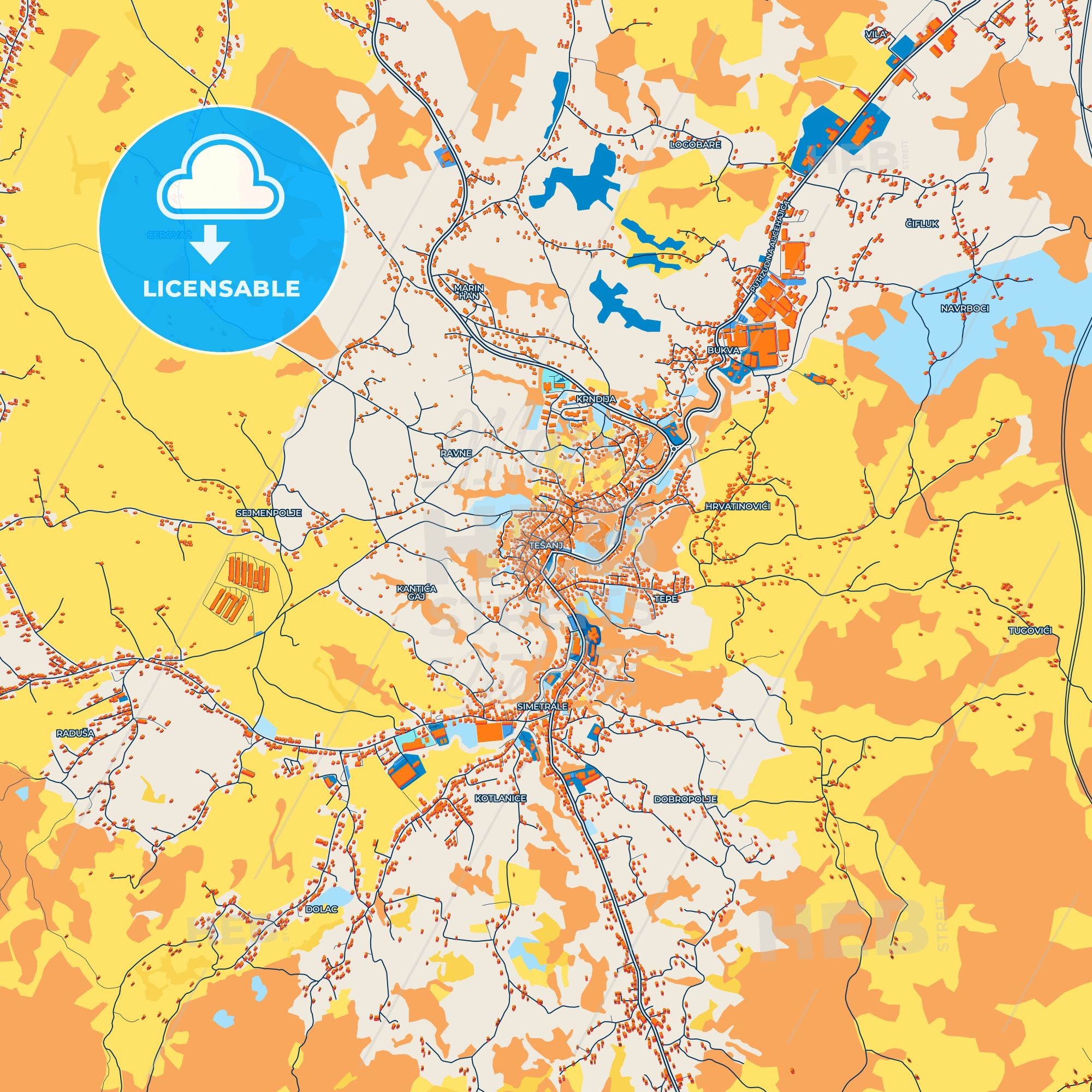 Colorful Tešanj Street Map With Labels And Buildings – HEBSTREITS