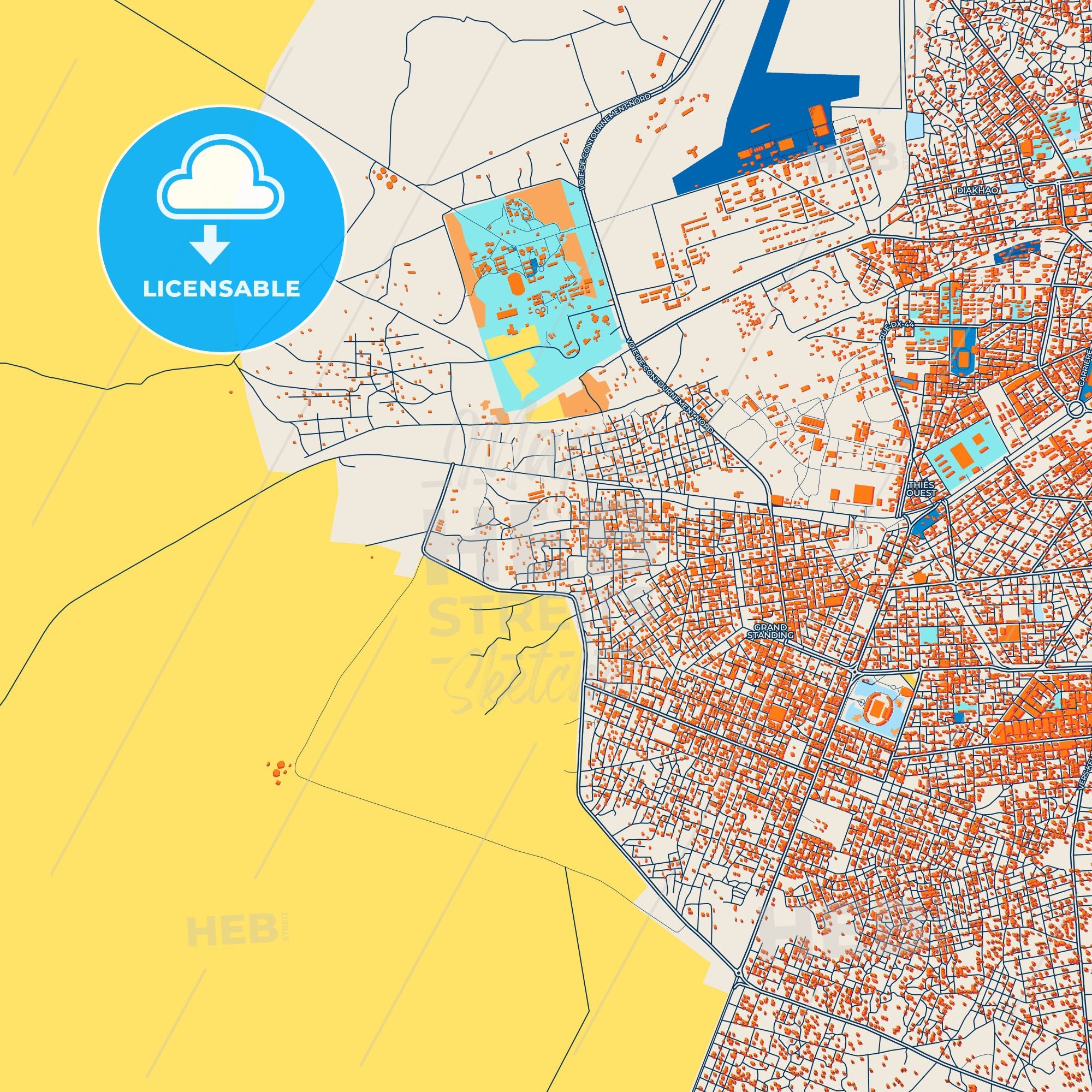Colorful Thies Nones Street Map With Labels And Buildings – HEBSTREITS