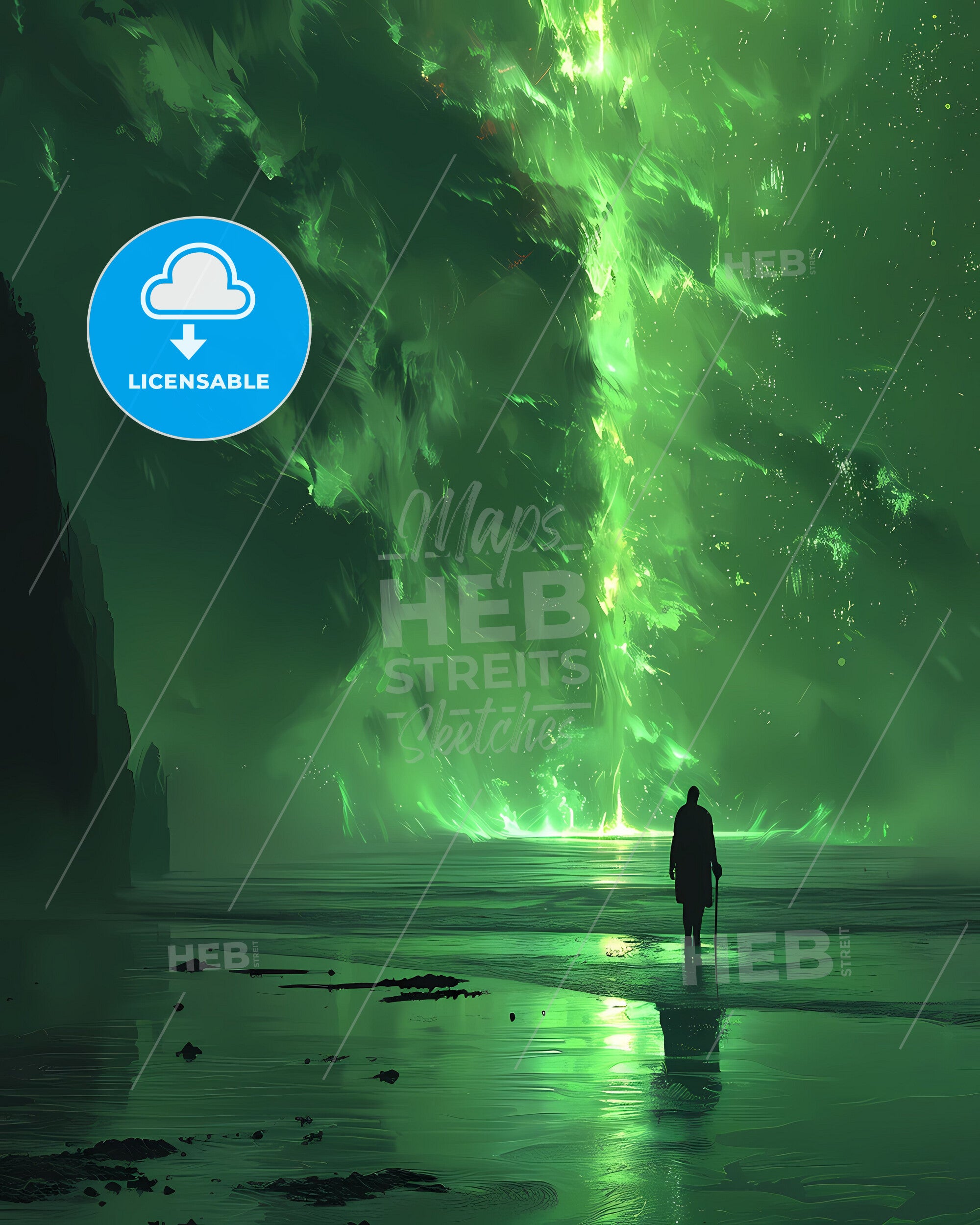 Fantasy Landscape: Vibrant Silhouette In Green Savannah, Painting Art ...