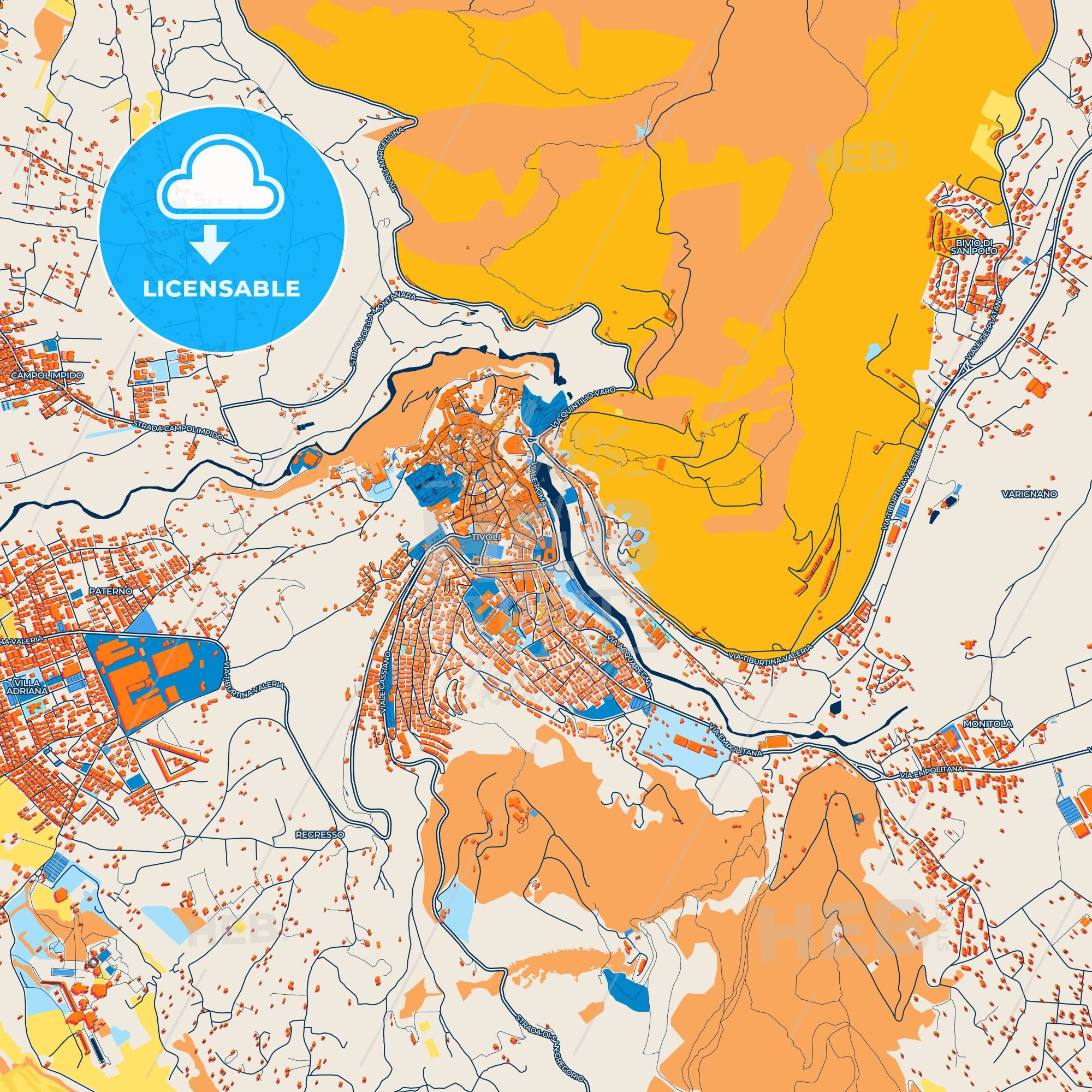 Colorful Tivoli Street Map With Labels And Buildings – HEBSTREITS