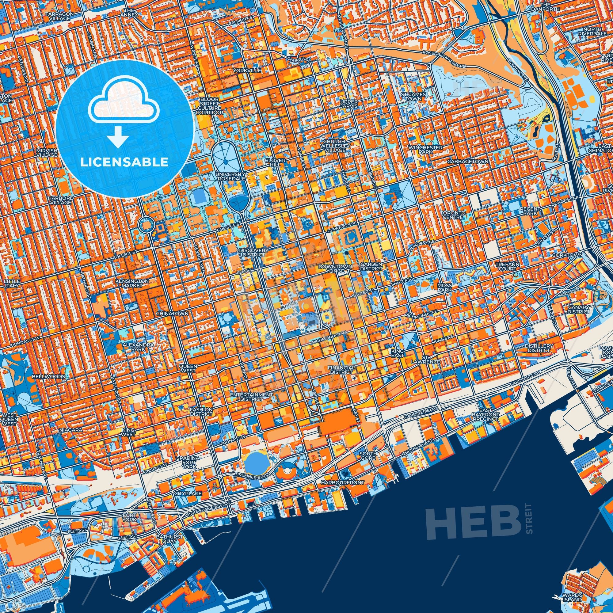 Colorful Toronto Street Map With Labels And Buildings – HEBSTREITS