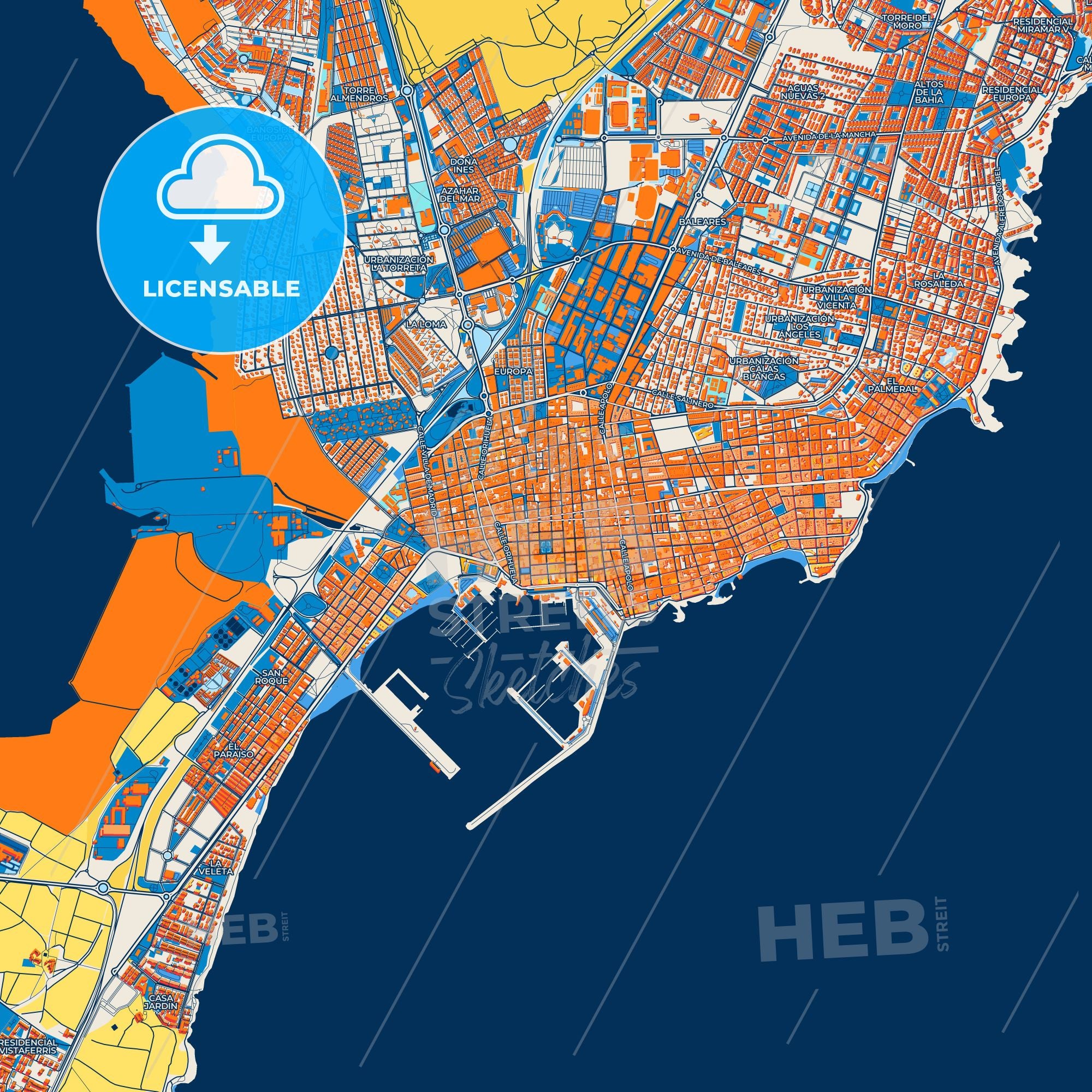 Colorful Torrevieja Street Map With Labels And Buildings – HEBSTREITS