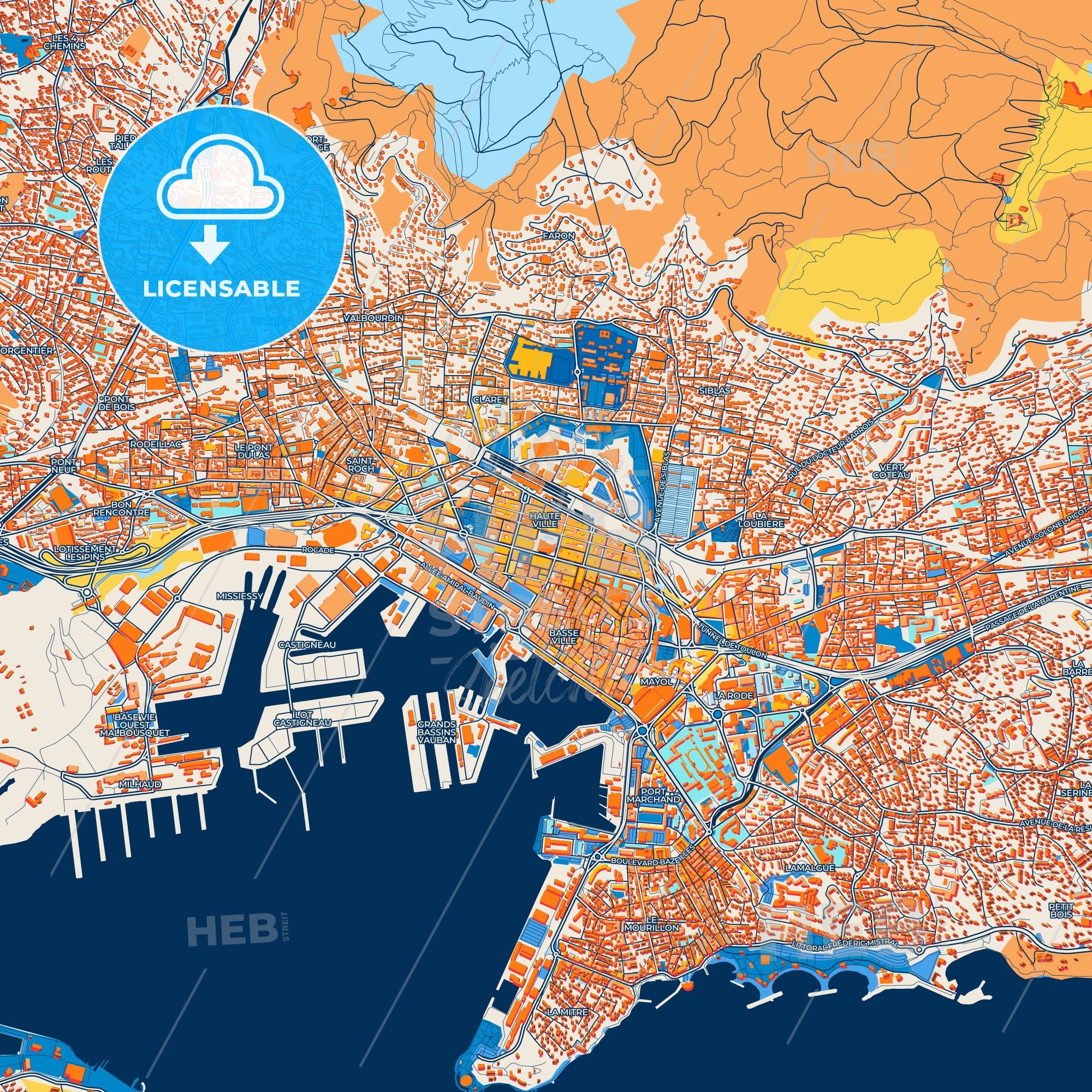 Colorful Toulon Street Map With Labels And Buildings – HEBSTREITS