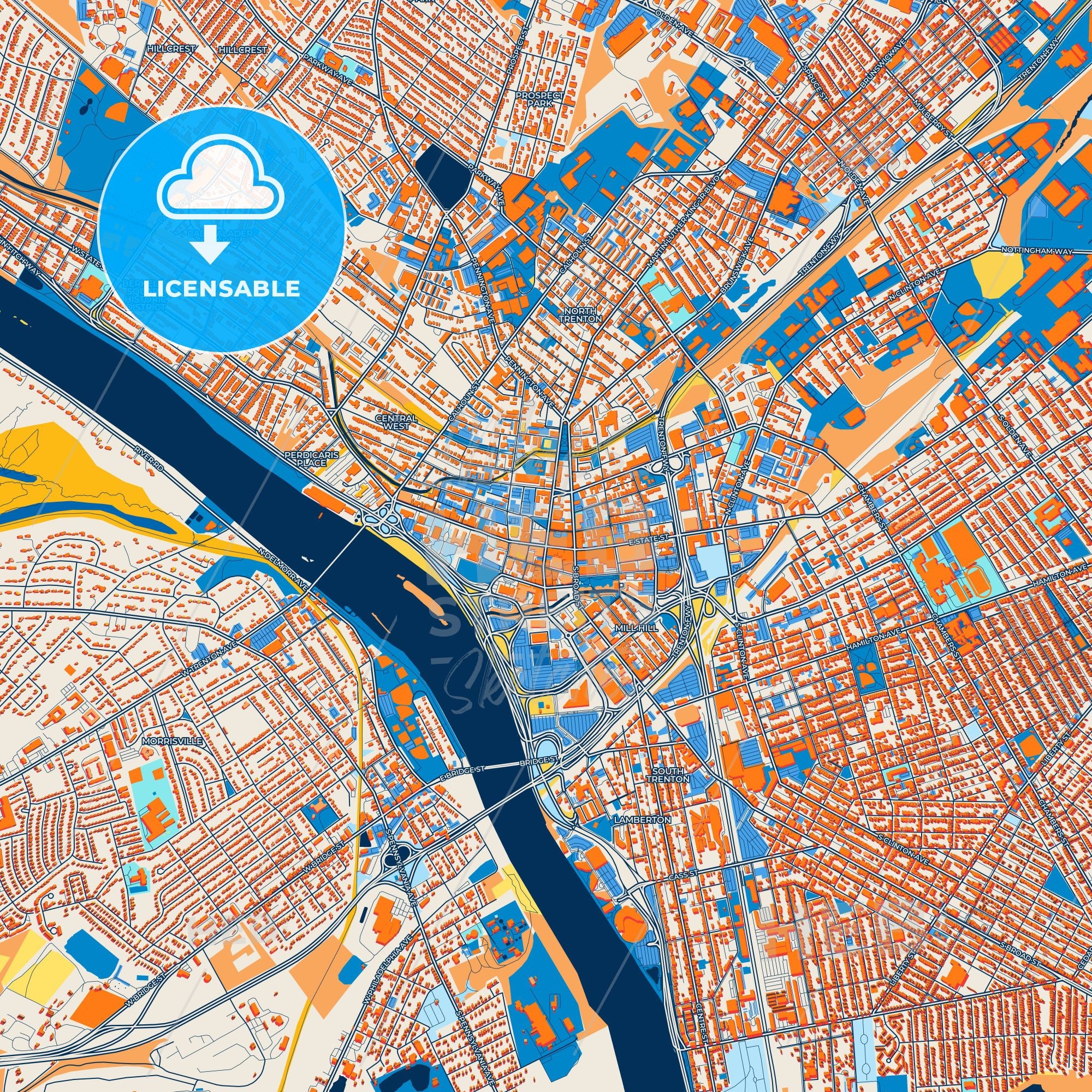 Colorful Trenton Street Map With Labels And Buildings – HEBSTREITS