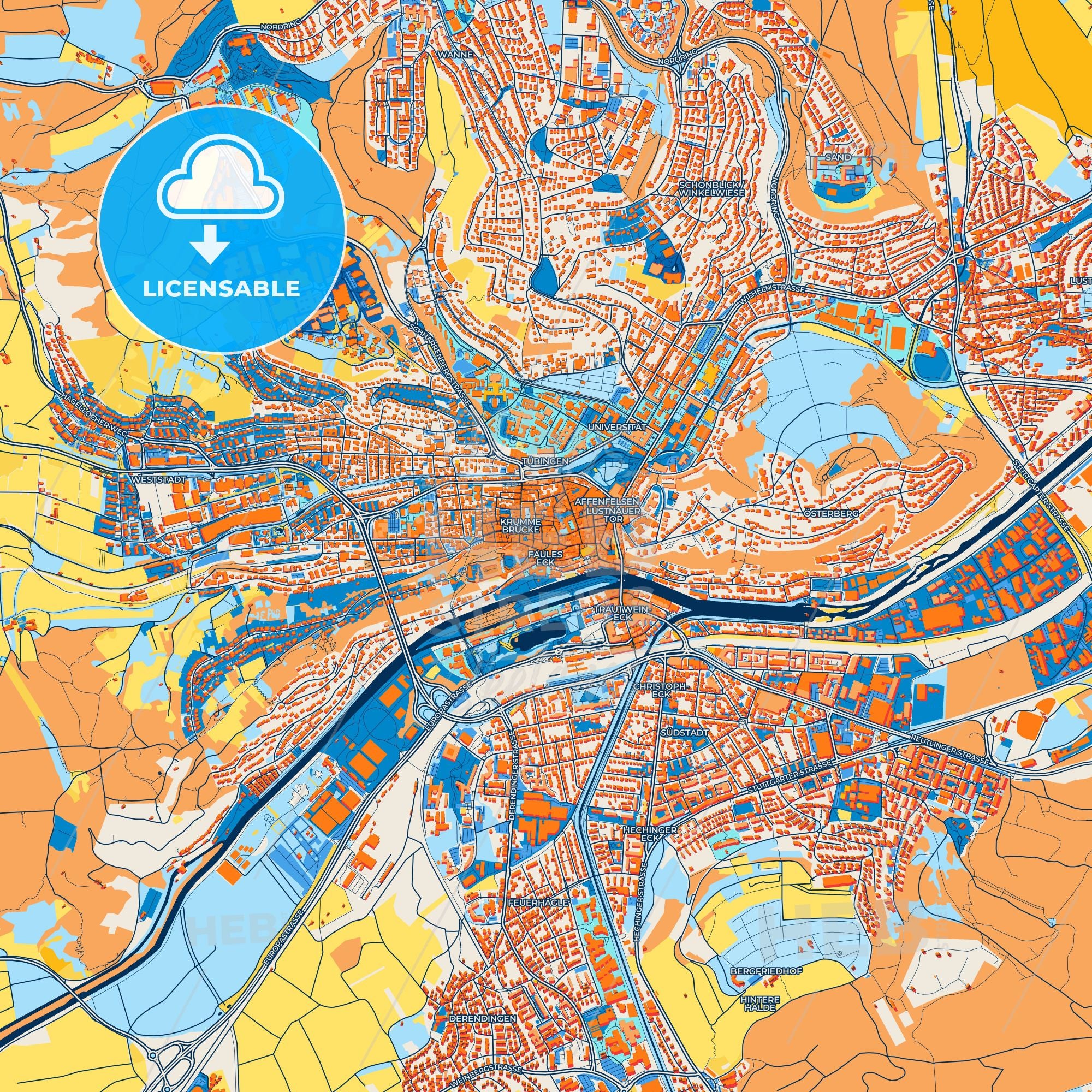 Colorful Tubingen Street Map With Labels And Buildings – HEBSTREITS