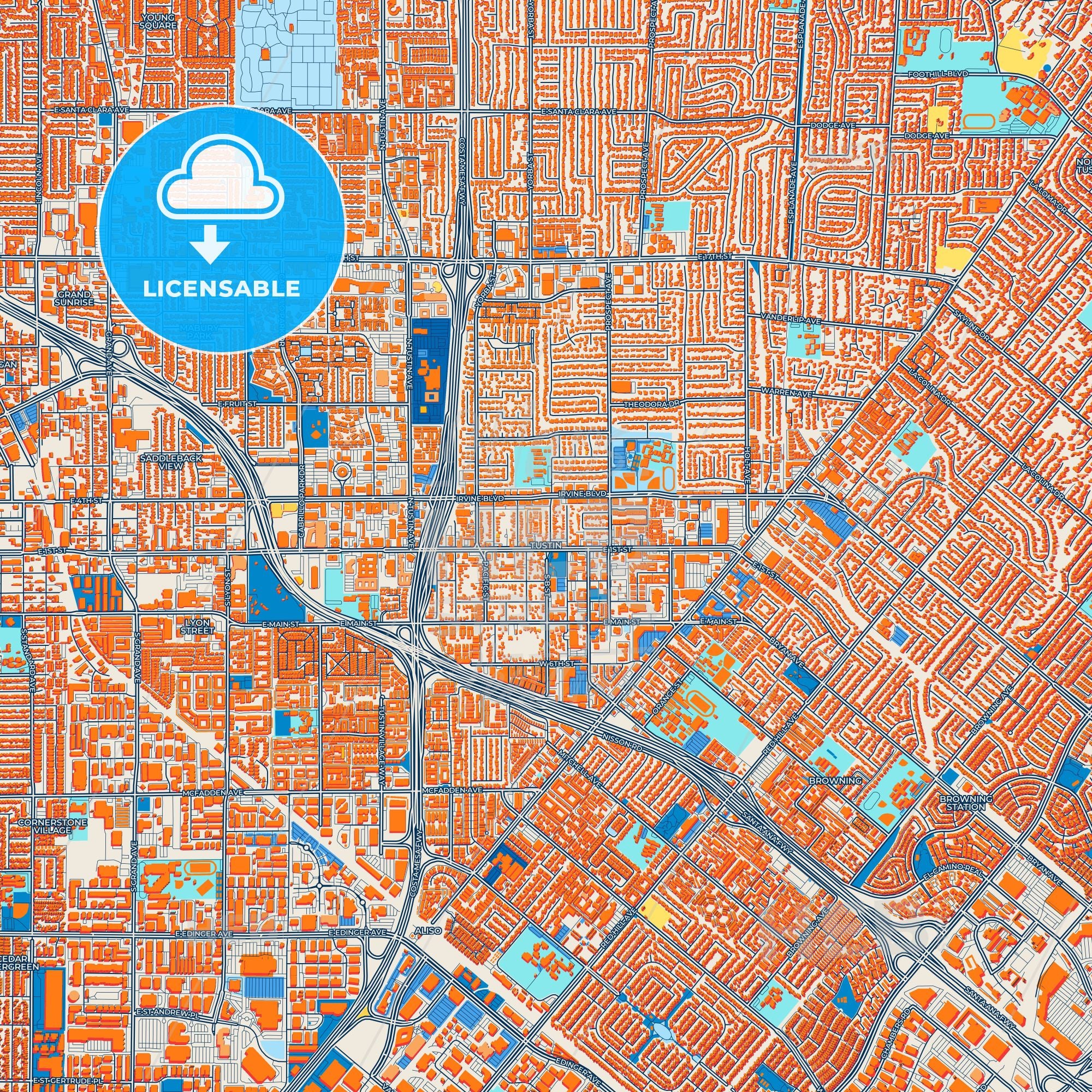 Colorful Tustin Street Map With Labels And Buildings – HEBSTREITS
