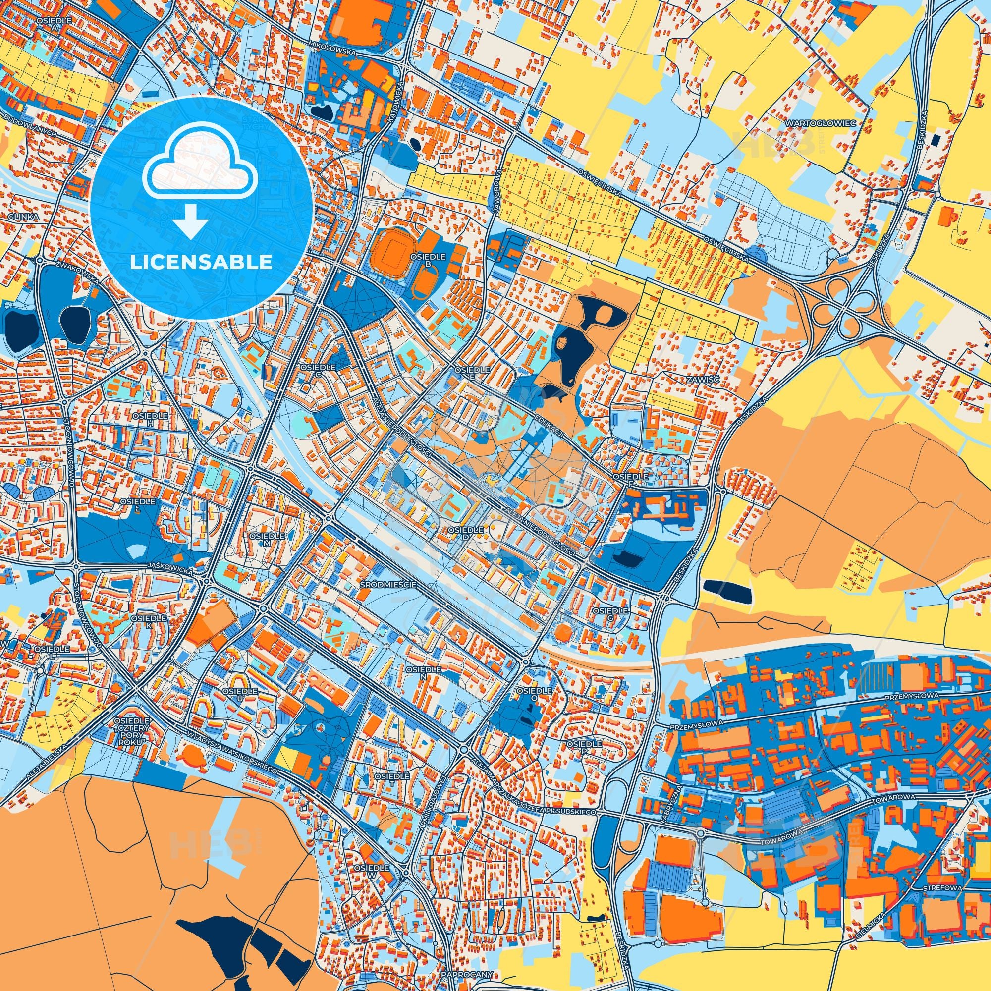 Colorful Tychy Street Map With Labels And Buildings – HEBSTREITS