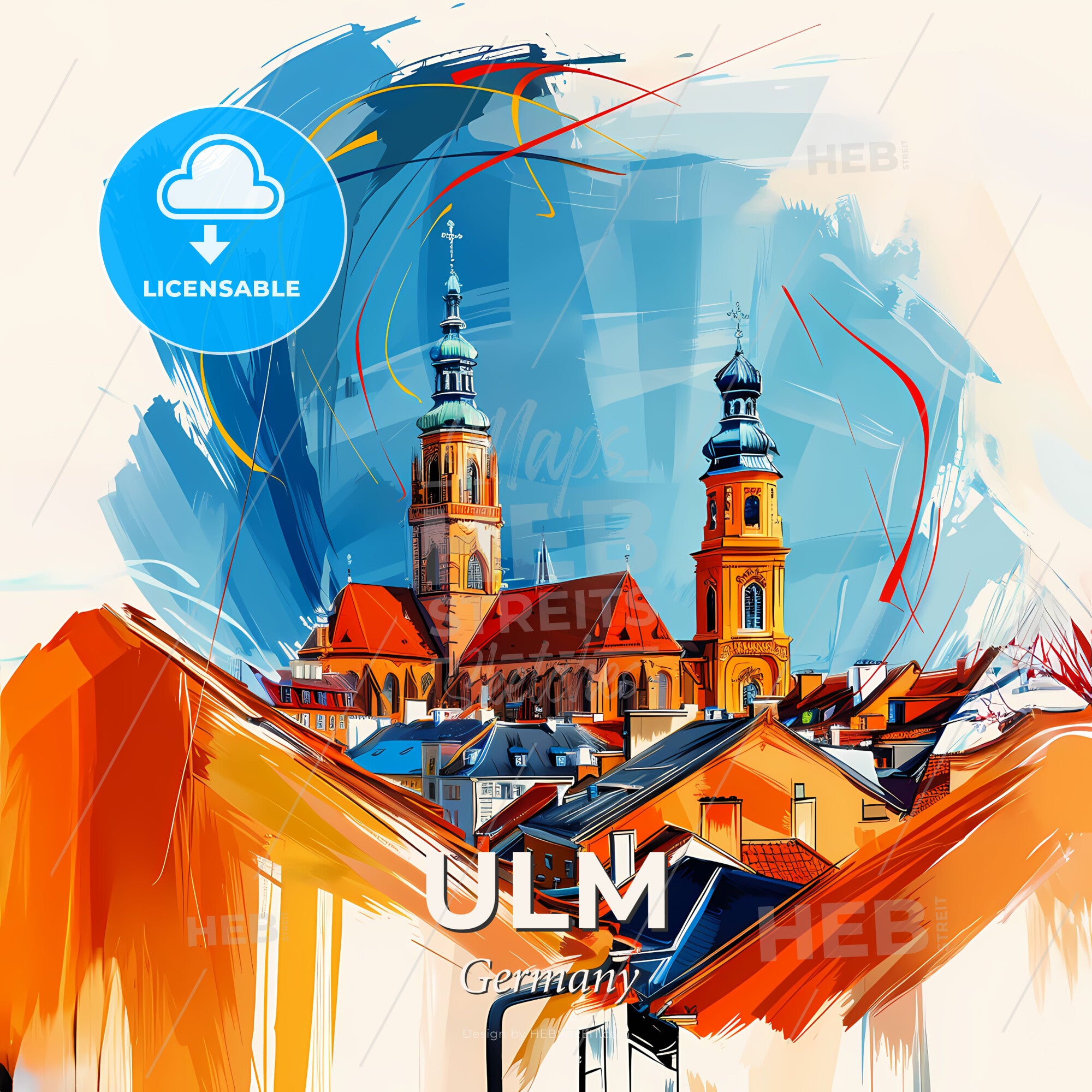 Vibrant Ulm, Germany - A Painting Of A Building With Towers – HEBSTREITS