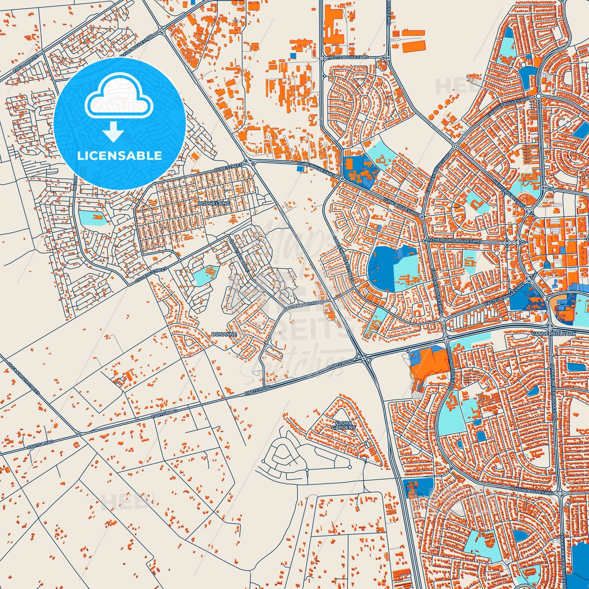 Colorful Vanderbijlpark Street Map With Labels And Buildings – HEBSTREITS