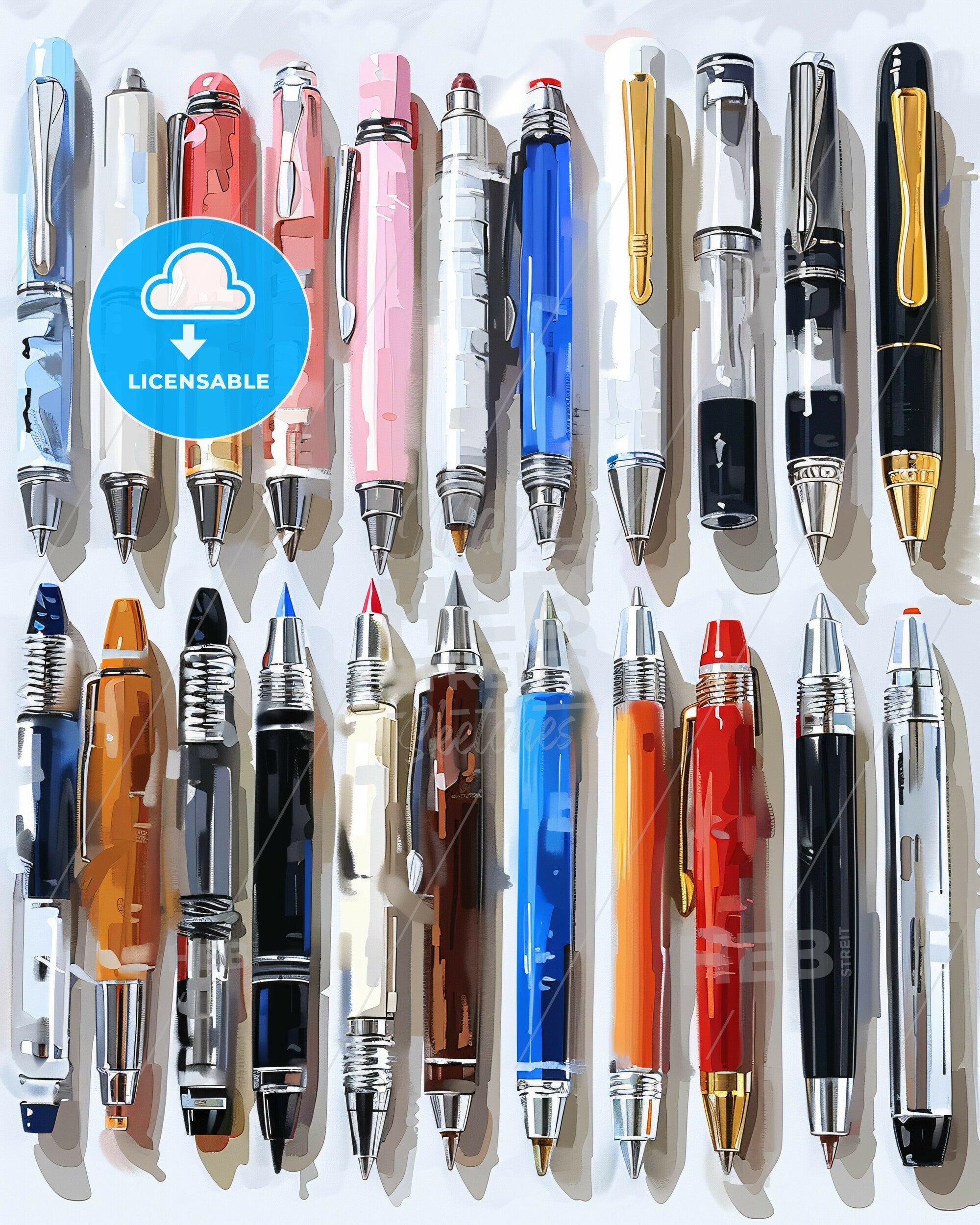 Black & White Art Pen Illustration Sketch - A Group Of Pens In A Row ...