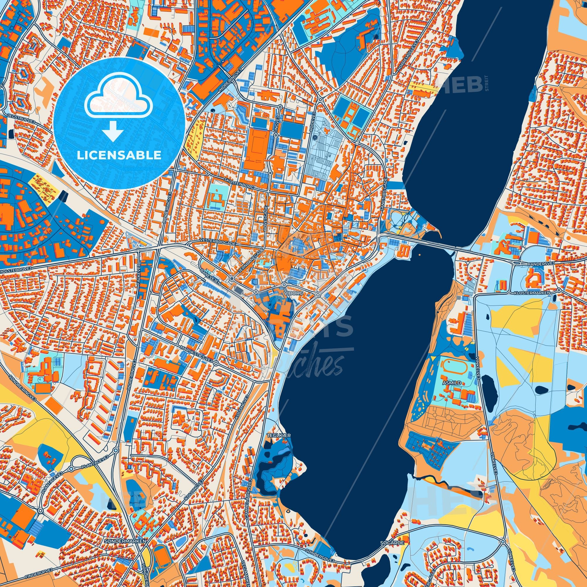 Colorful Viborg Street Map With Labels And Buildings – HEBSTREITS