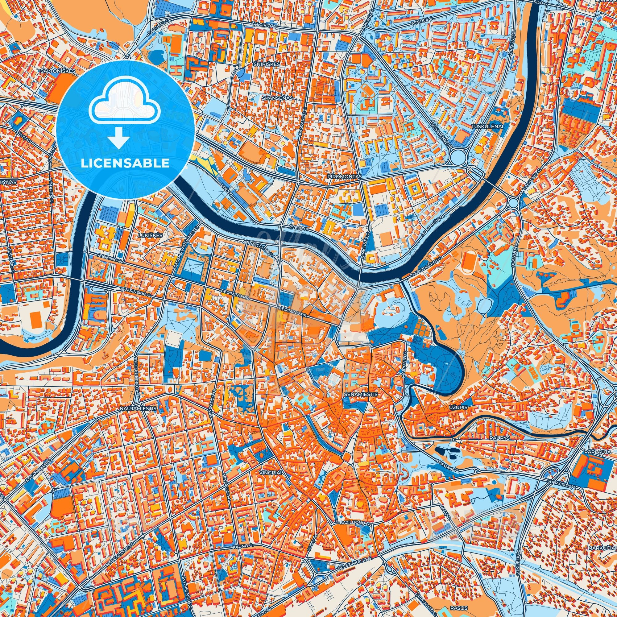 Colorful Vilnius Street Map With Labels And Buildings – HEBSTREITS