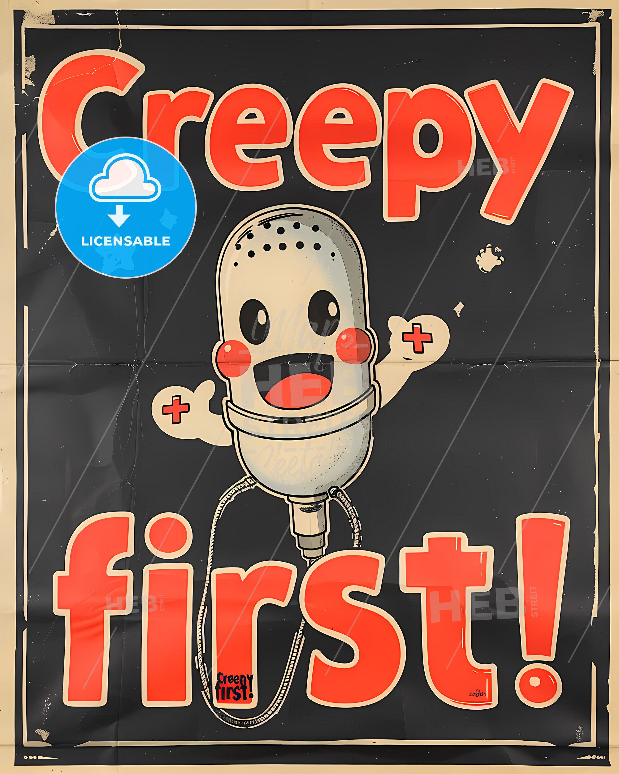 Kawaii-Inspired Vintage Japanese Mic Mascot Poster: Creepy First ...