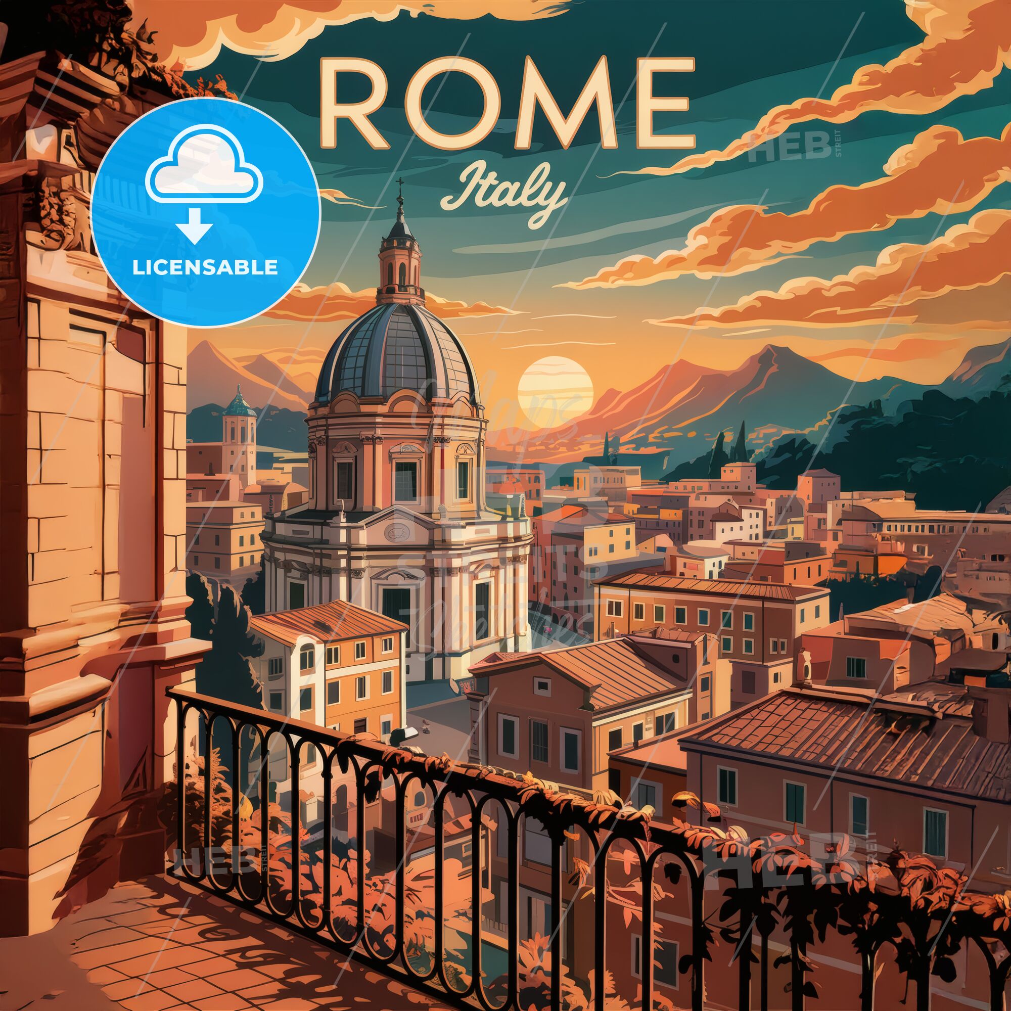 Vintage Rome Sunset: Majestic Baroque Cityscape Travel Poster Art Prin ...