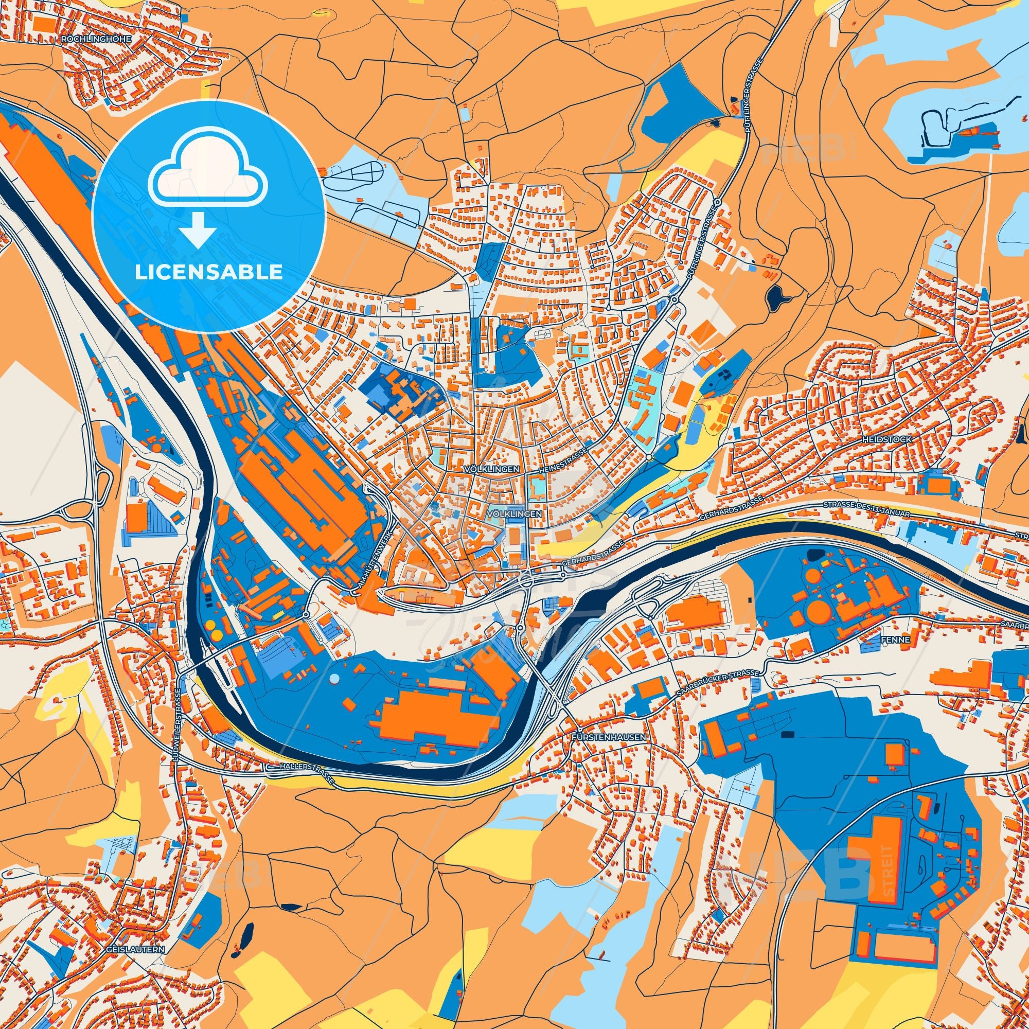 Colorful Volklingen Street Map With Labels And Buildings – HEBSTREITS