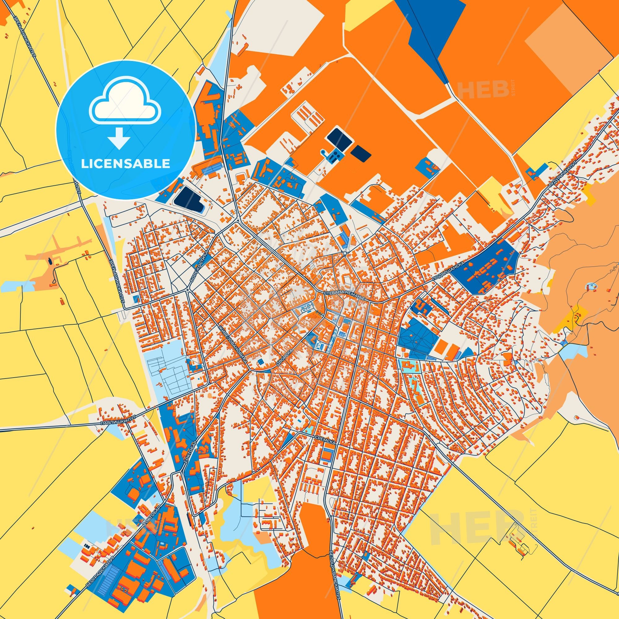 Colorful Vršac Street Map With Labels And Buildings – HEBSTREITS