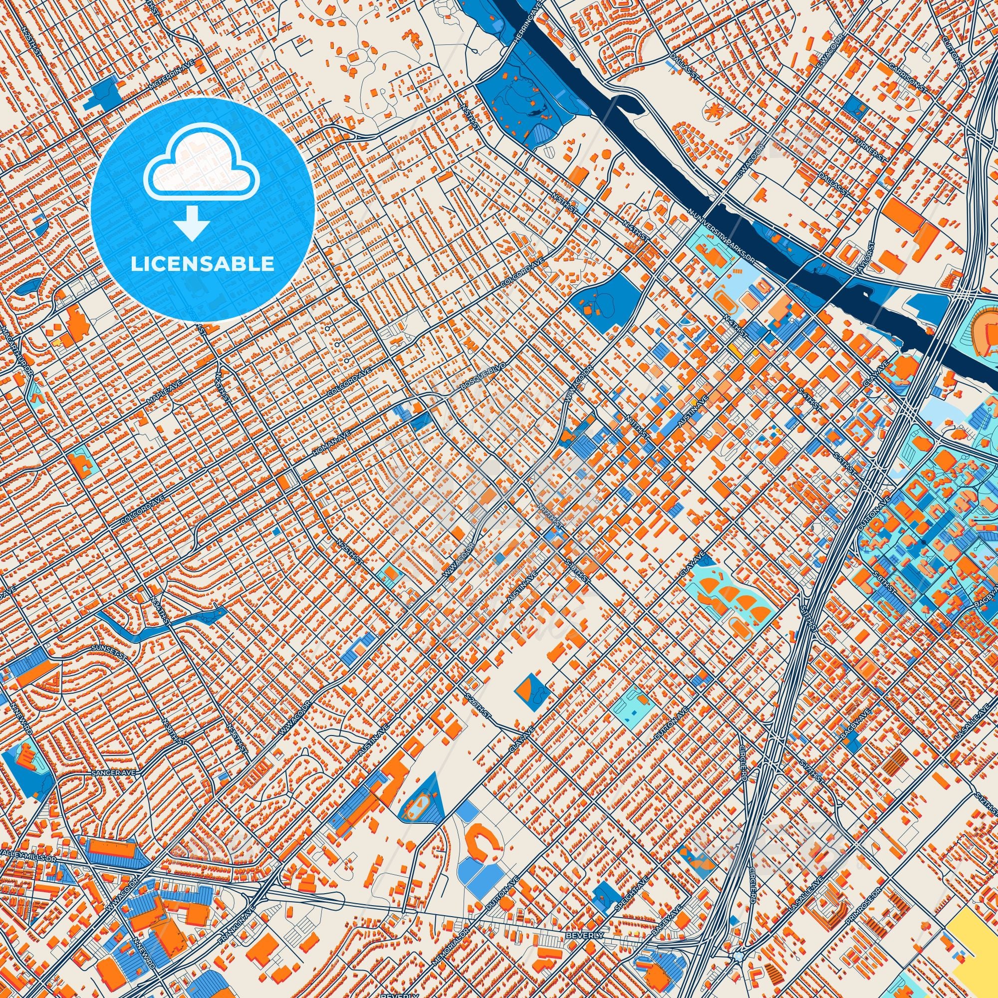 Colorful Waco Street Map With Labels And Buildings – HEBSTREITS