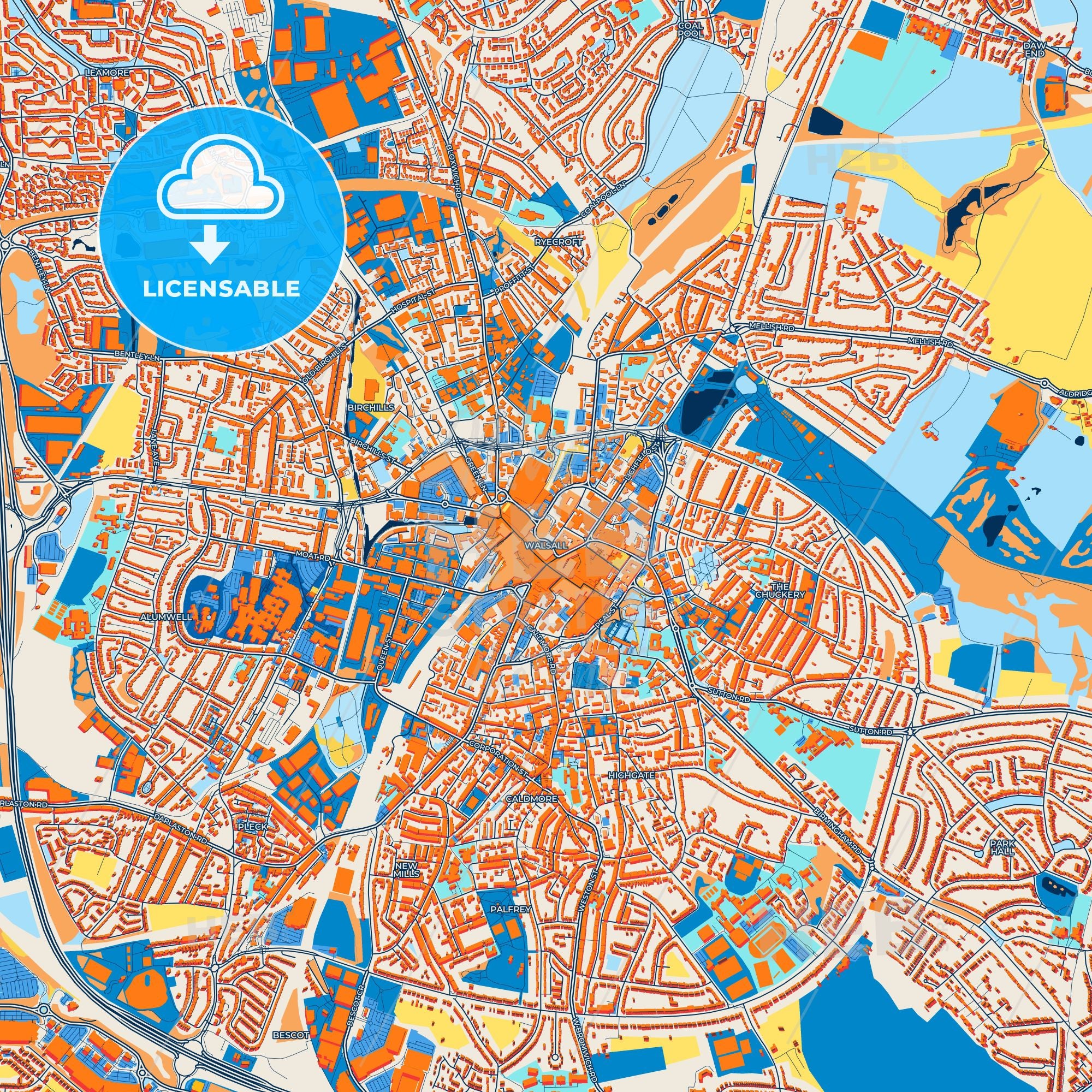 Colorful Walsall Street Map With Labels And Buildings – HEBSTREITS