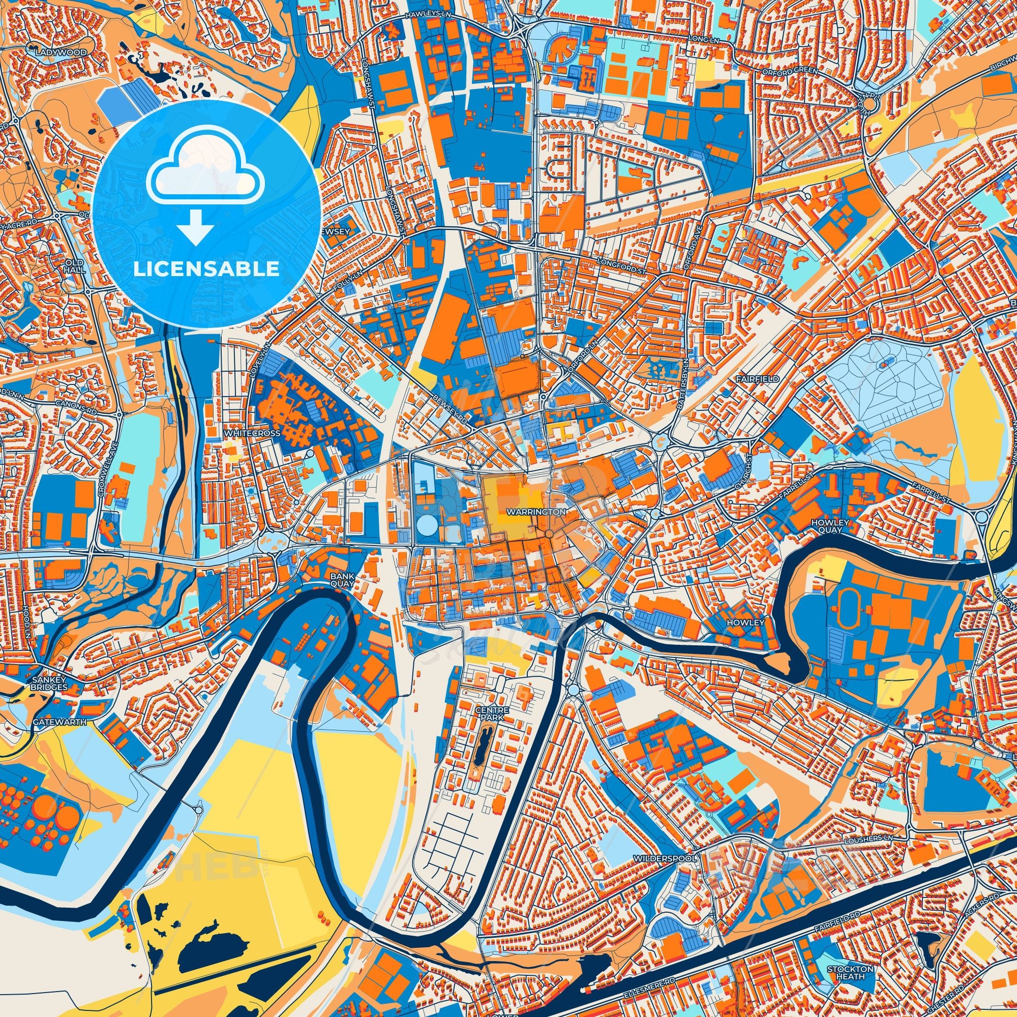 Colorful Warrington Street Map With Labels And Buildings – HEBSTREITS