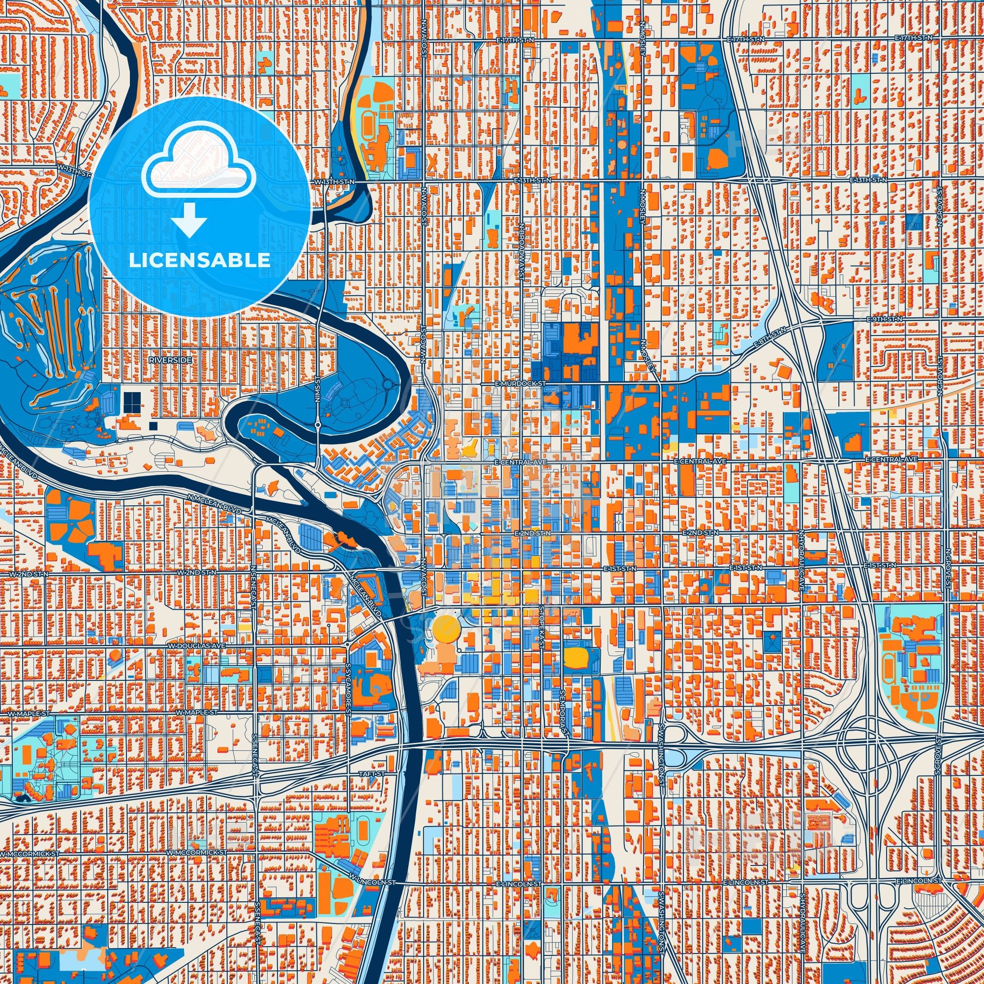 Colorful Wichita Street Map With Labels And Buildings – HEBSTREITS