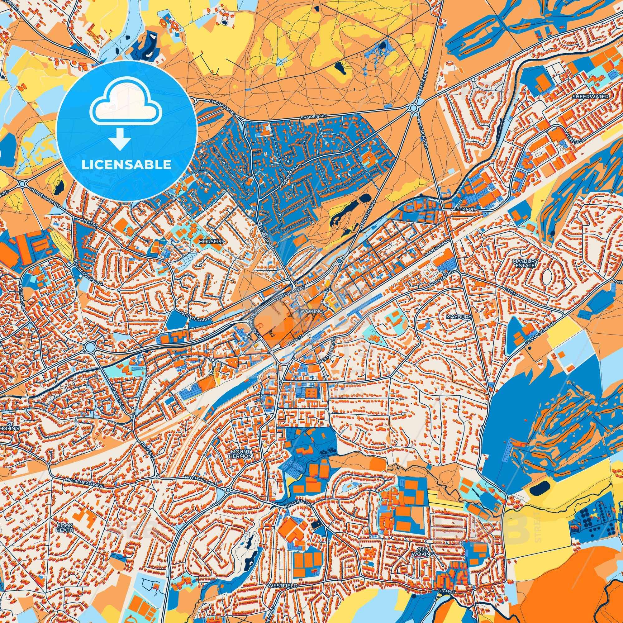 Colorful Woking Street Map With Labels And Buildings – HEBSTREITS