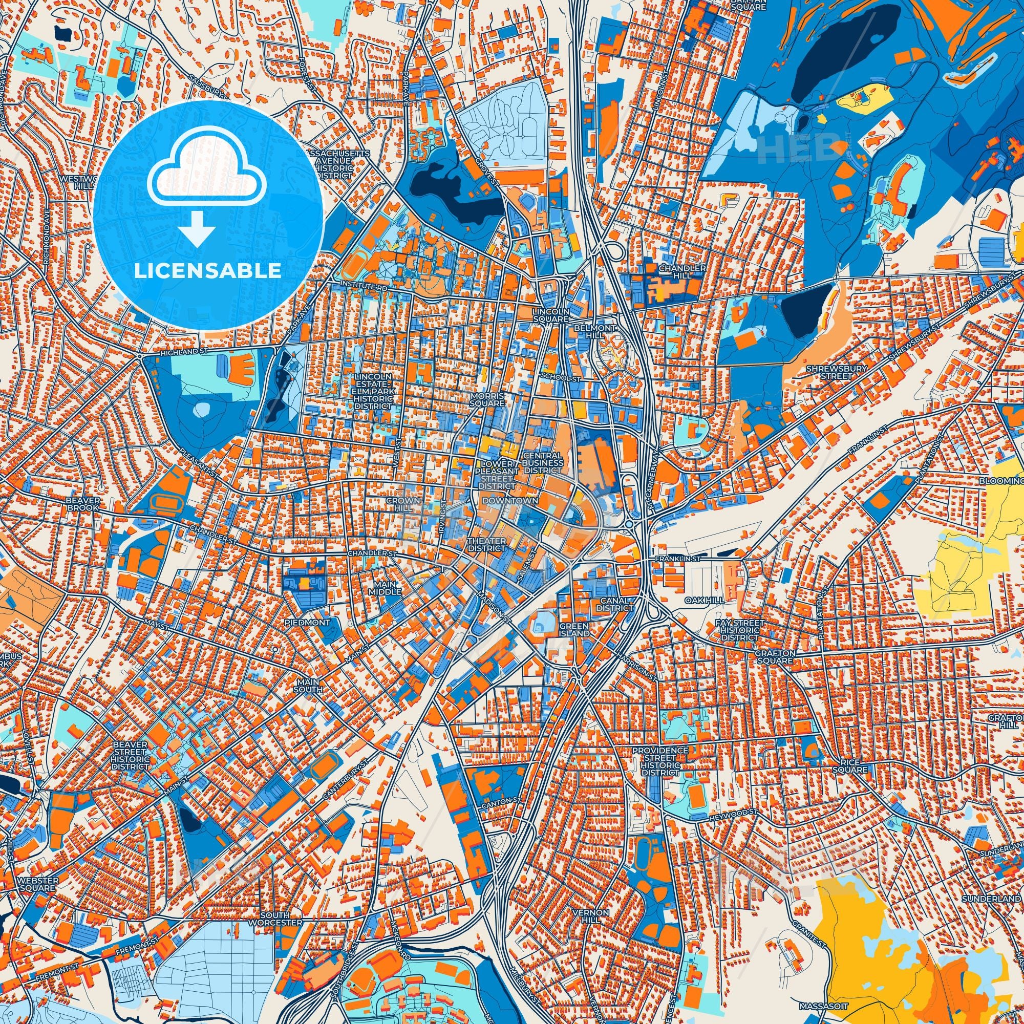 Colorful Worcester Street Map With Labels And Buildings – HEBSTREITS