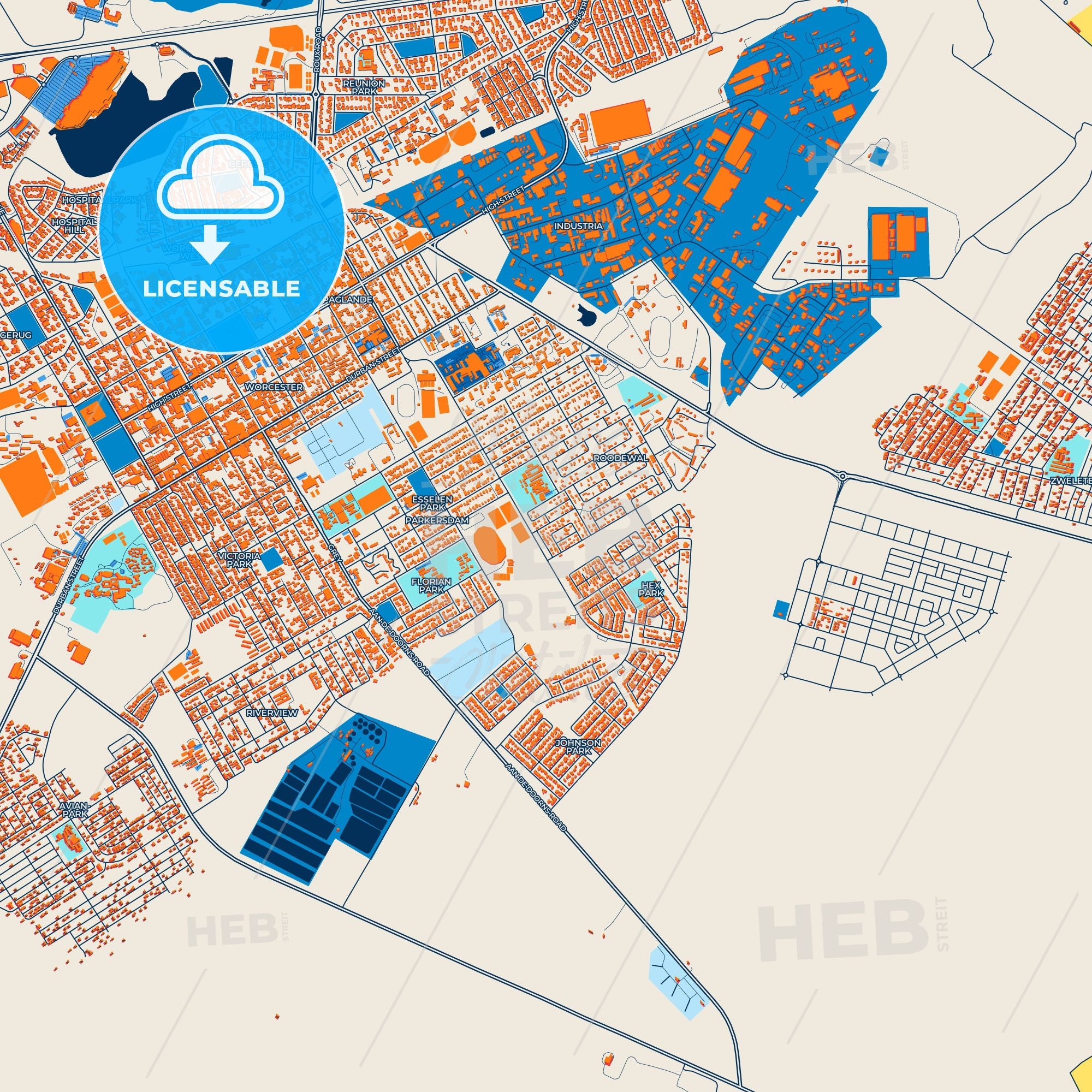 Colorful Worcester Street Map With Labels And Buildings – HEBSTREITS