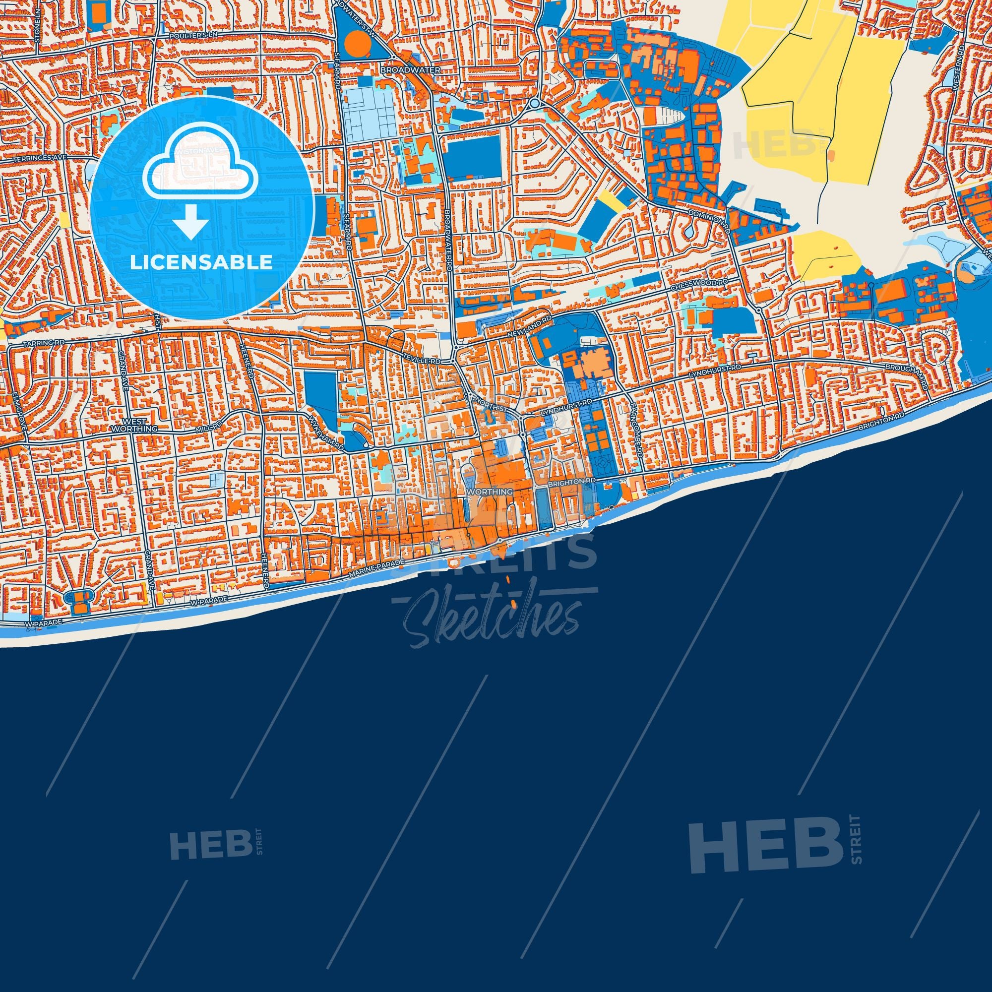 Colorful Worthing Street Map With Labels And Buildings – HEBSTREITS