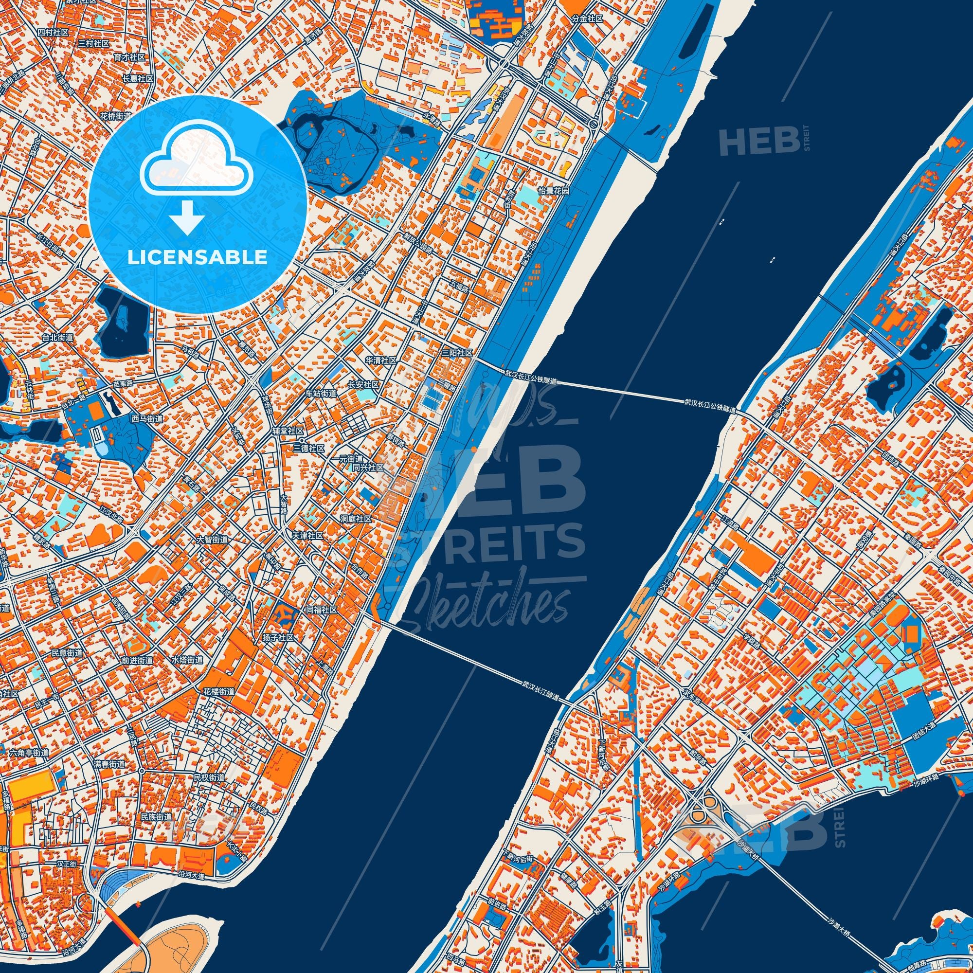 Colorful Wuhan Street Map With Labels And Buildings – HEBSTREITS