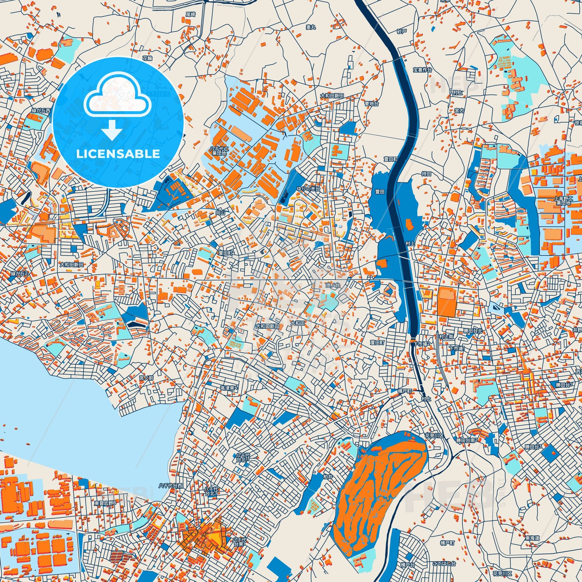 Colorful Yachiyo Street Map With Labels And Buildings – HEBSTREITS