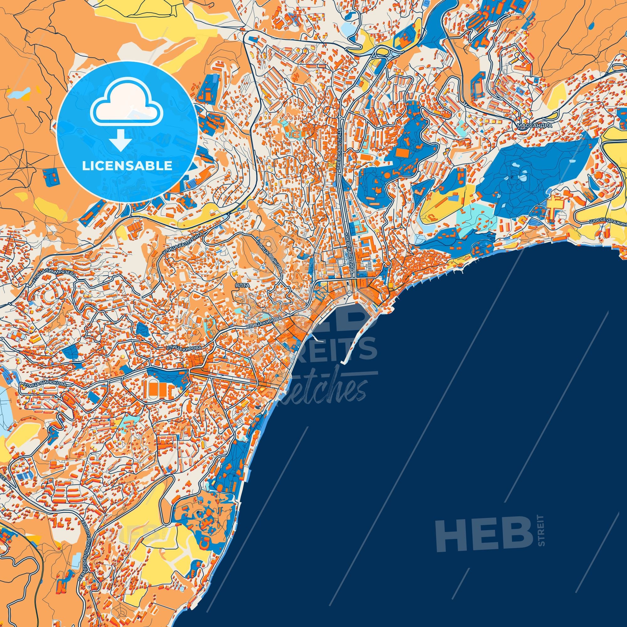 Colorful Yalta Street Map With Labels And Buildings – HEBSTREITS
