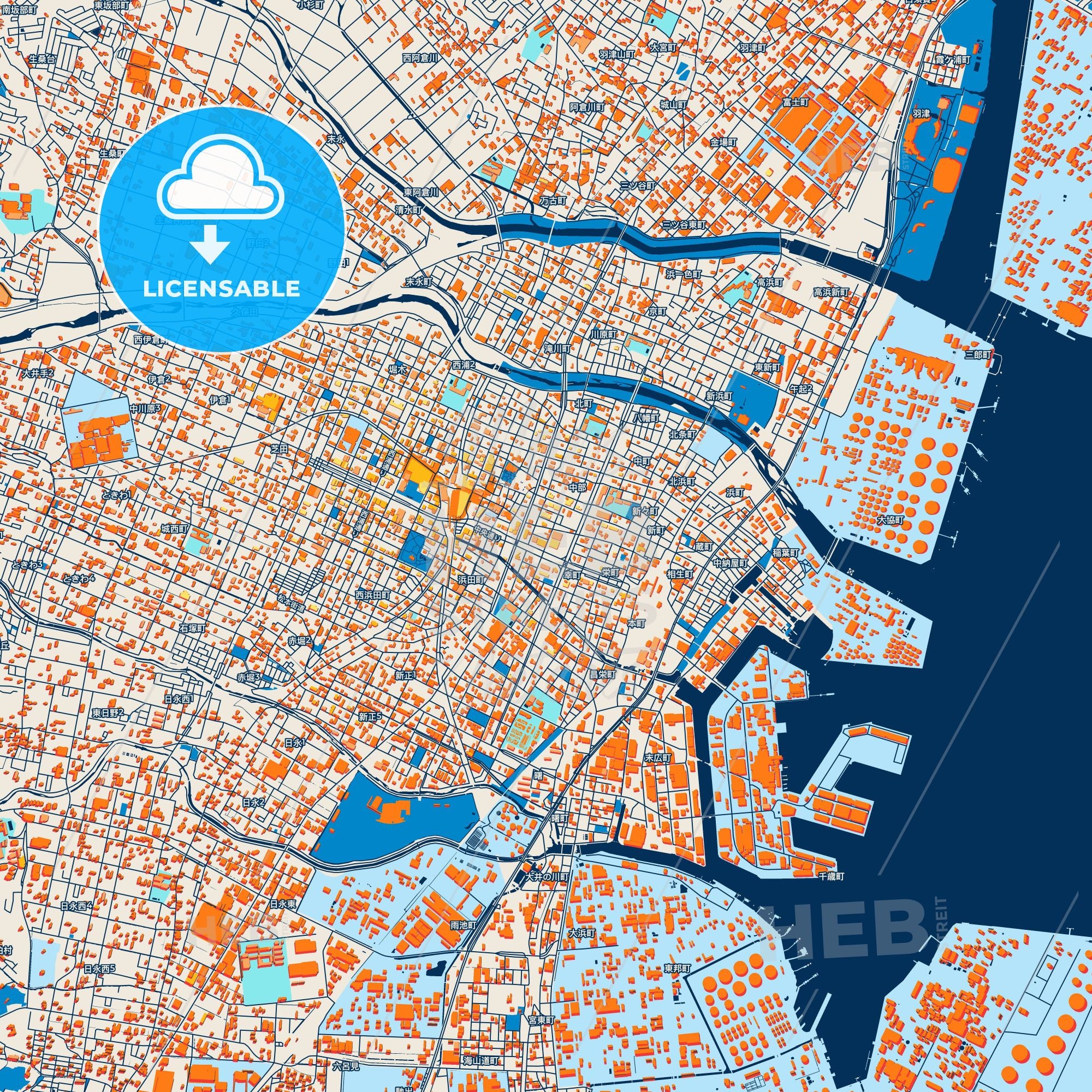 Colorful Yokkaichi Street Map With Labels And Buildings – HEBSTREITS
