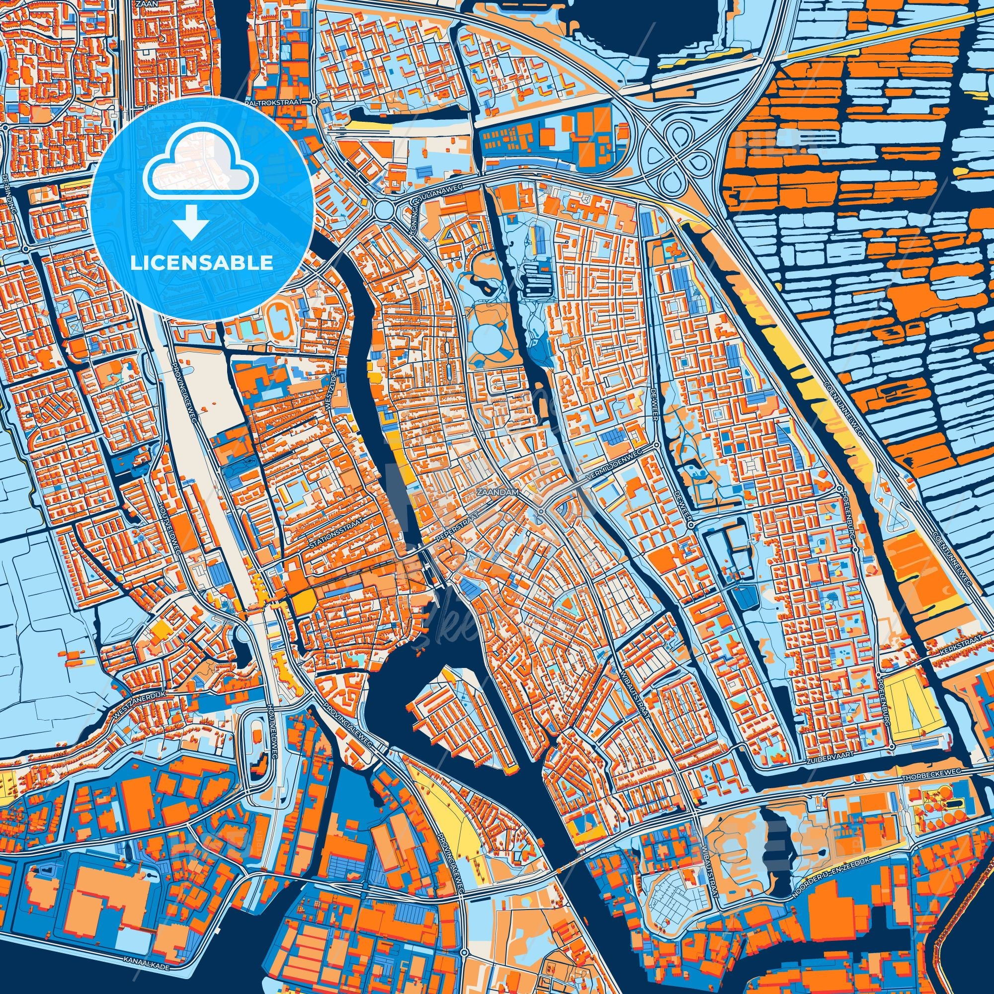 Colorful Zaanstad Street Map With Labels And Buildings – HEBSTREITS