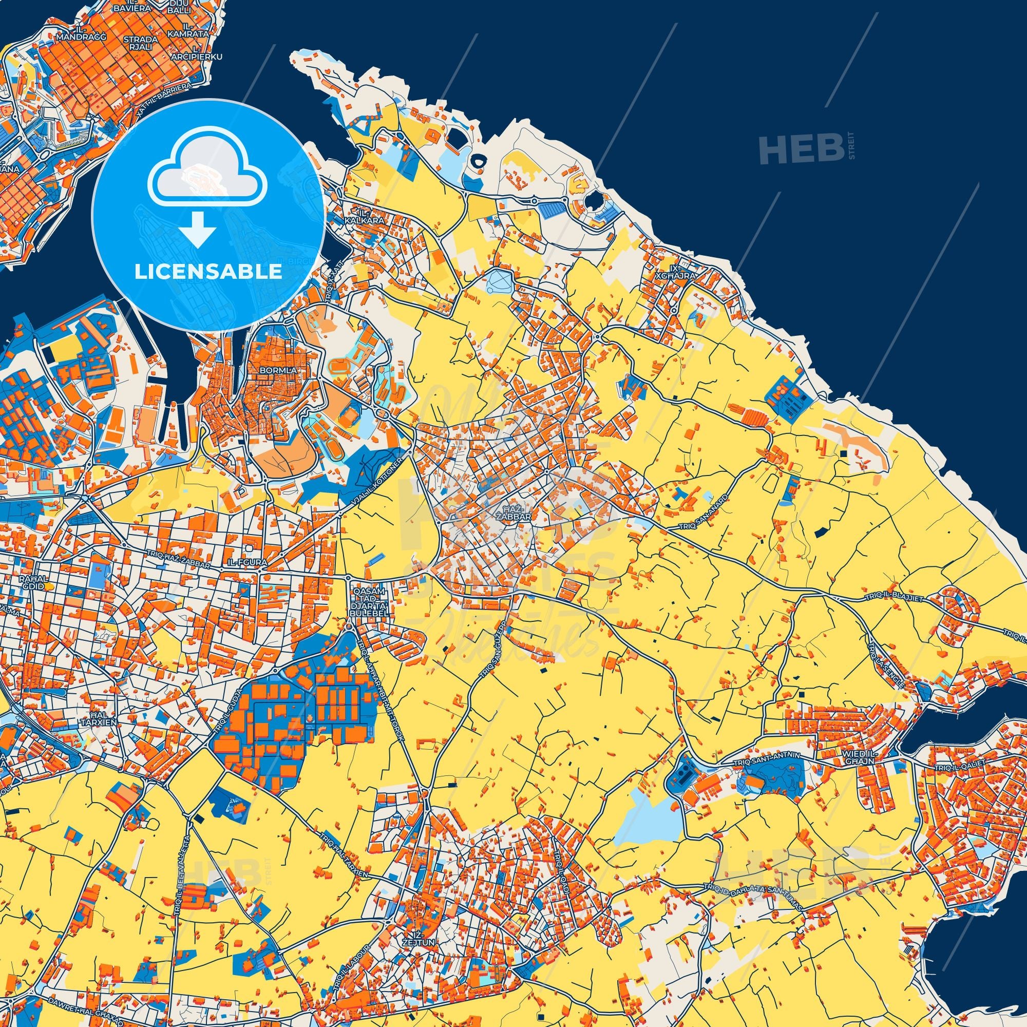 Colorful Żabbar Street Map With Labels And Buildings – HEBSTREITS