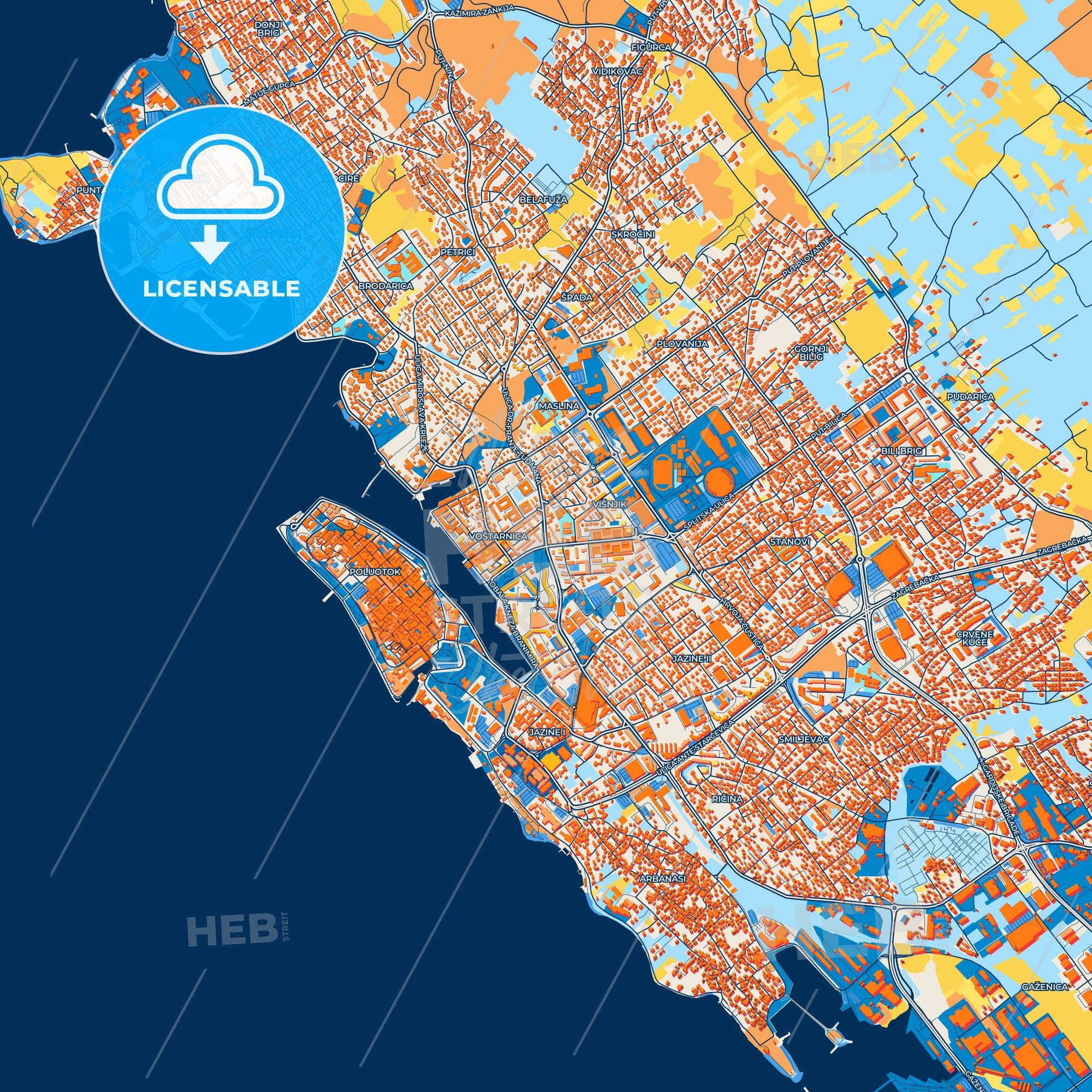 Colorful Zadar Street Map With Labels And Buildings – HEBSTREITS