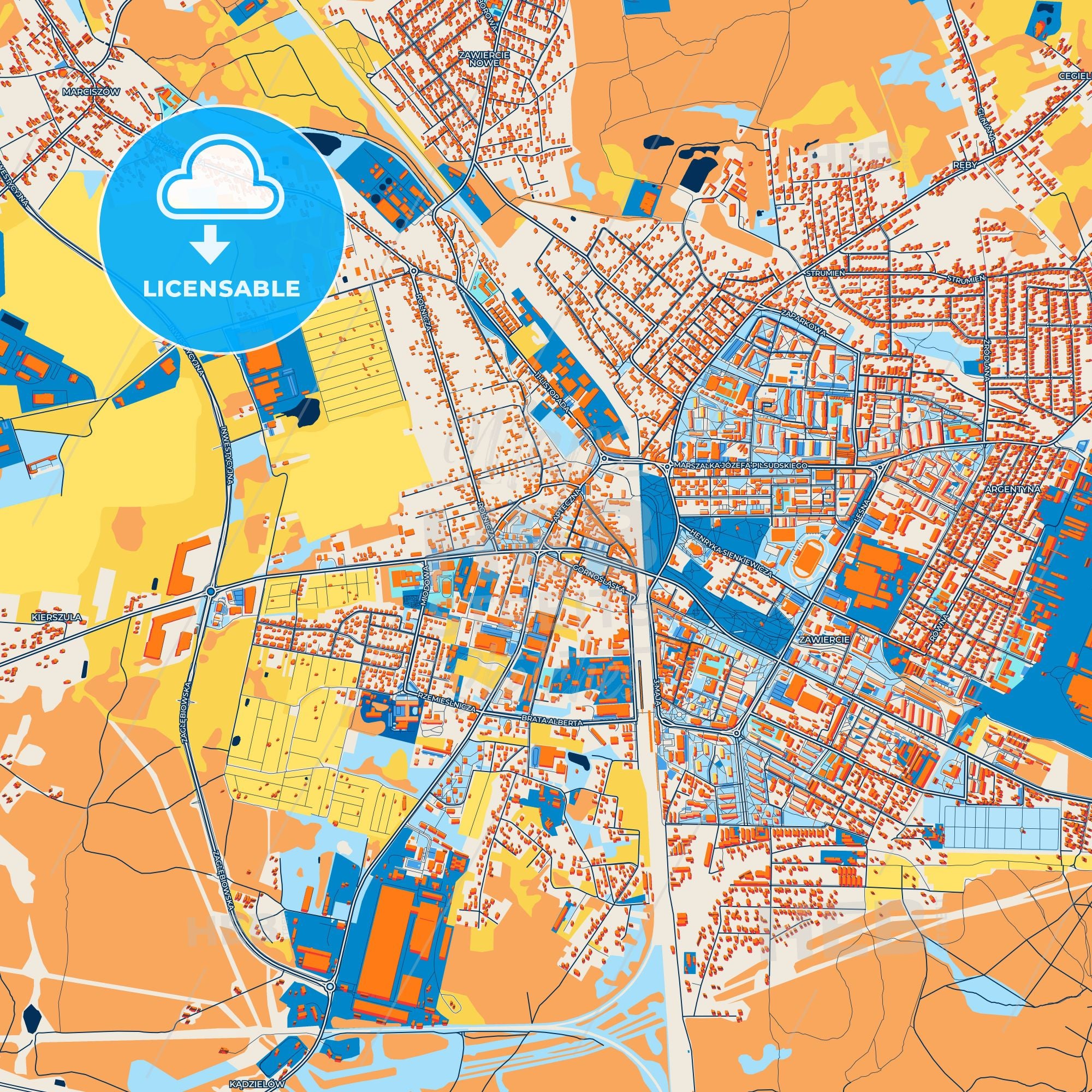 Colorful Zawiercie Street Map With Labels And Buildings – HEBSTREITS